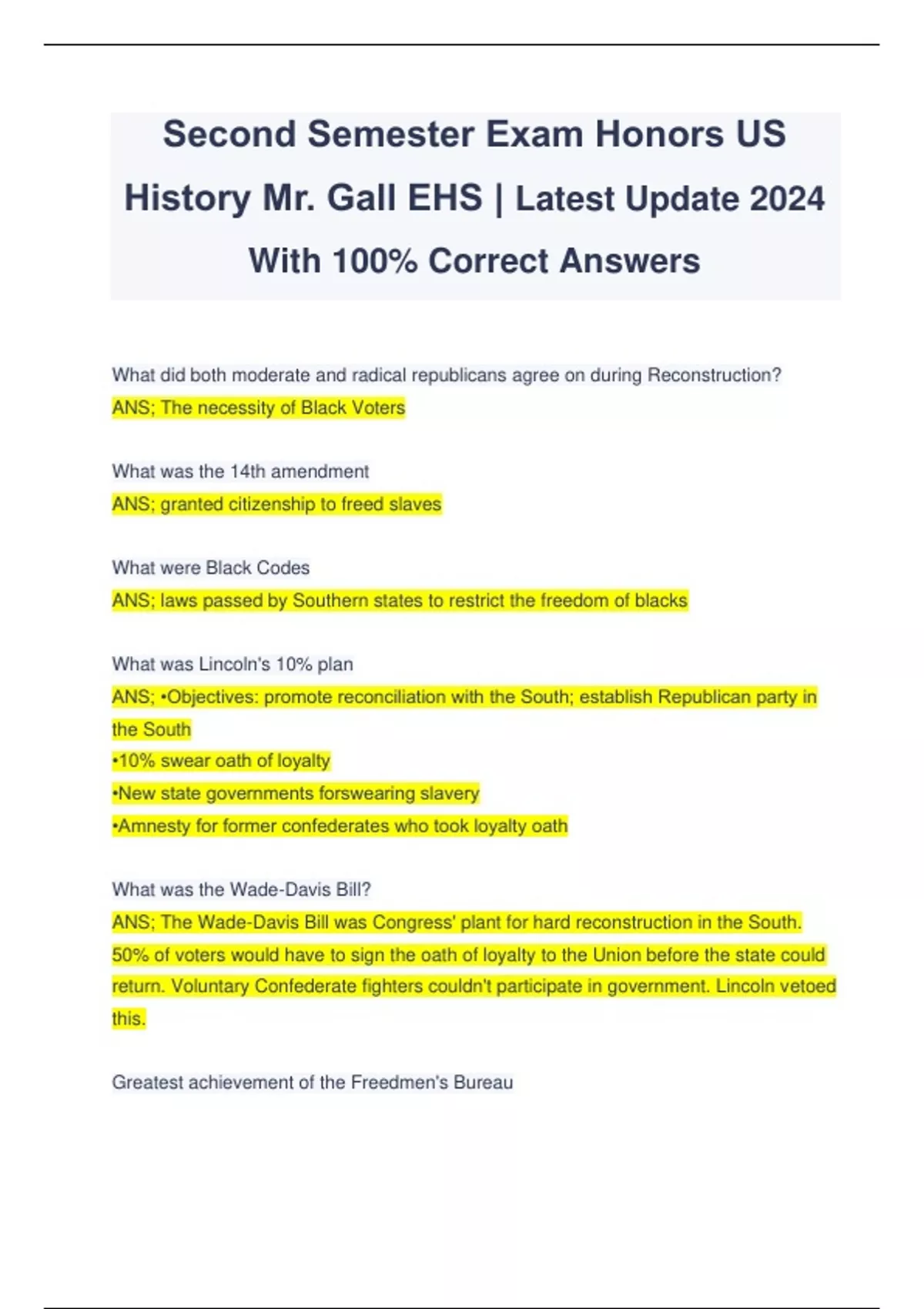 Second Semester Exam Honors US History Mr. Gall EHS | Latest Update ...