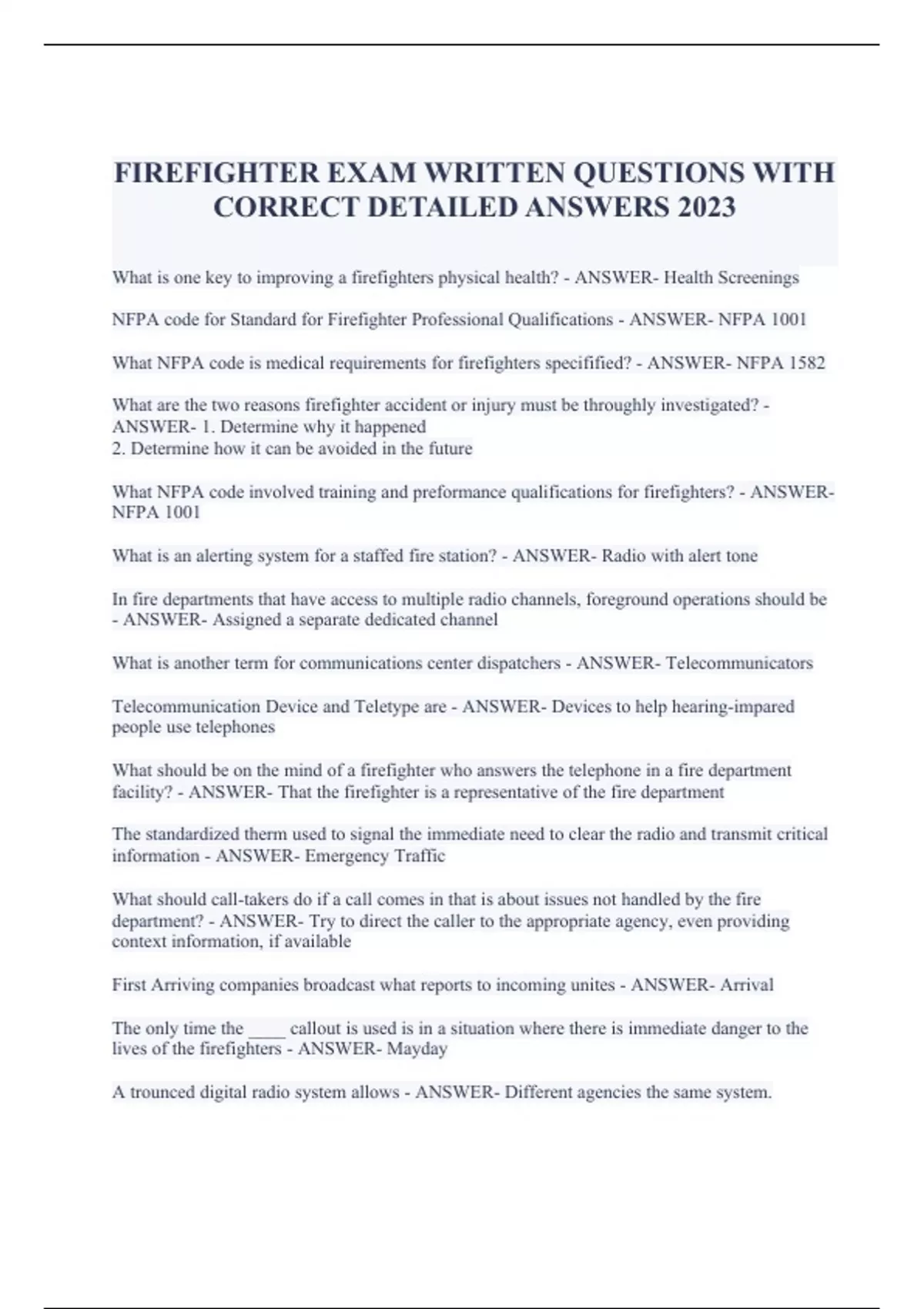 FIREFIGHTER EXAM WRITTEN QUESTIONS WITH CORRECT DETAILED ANSWERS 2023 ...