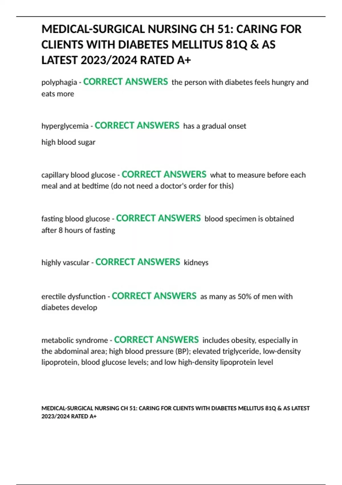 MEDICAL-SURGICAL NURSING CH 51: CARING FOR CLIENTS WITH DIABETES ...