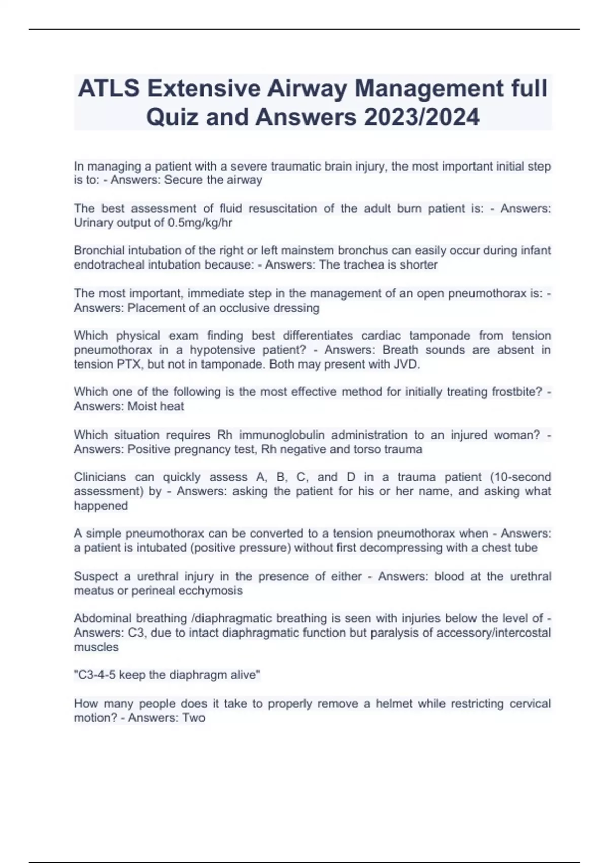 ATLS Extensive Airway Management full Quiz and Answers 2023/2024 - Advanced Trauma ATLS - Stuvia US