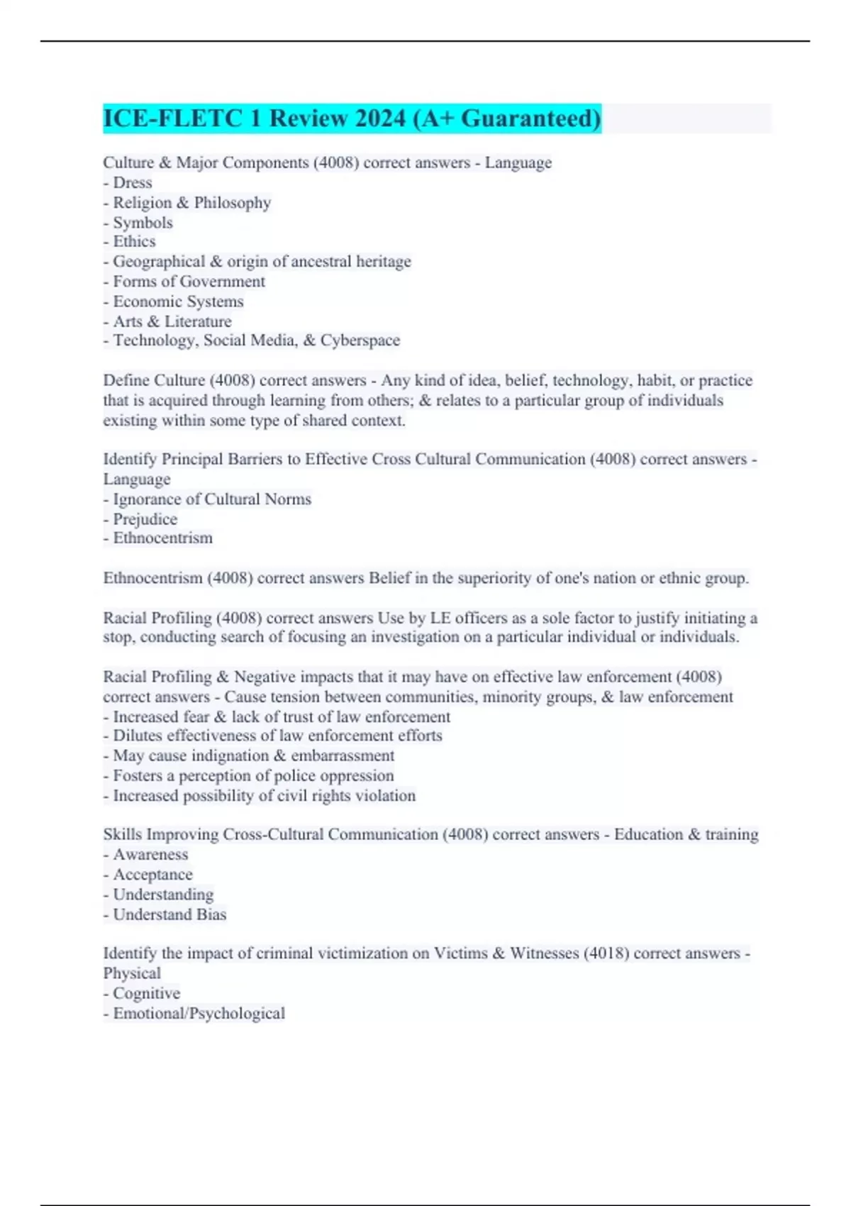 ICE-FLETC 1 Review 2024 (A+ Guaranteed) - ICE-FLETC 1 - Stuvia US