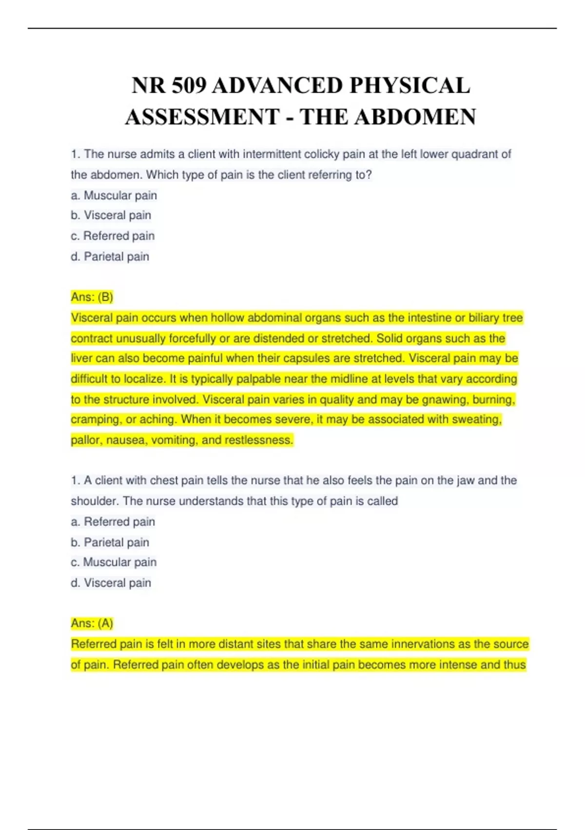 NR 509 ADVANCED PHYSICAL ASSESSMENT - THE ABDOMEN - NR 509 - Stuvia US