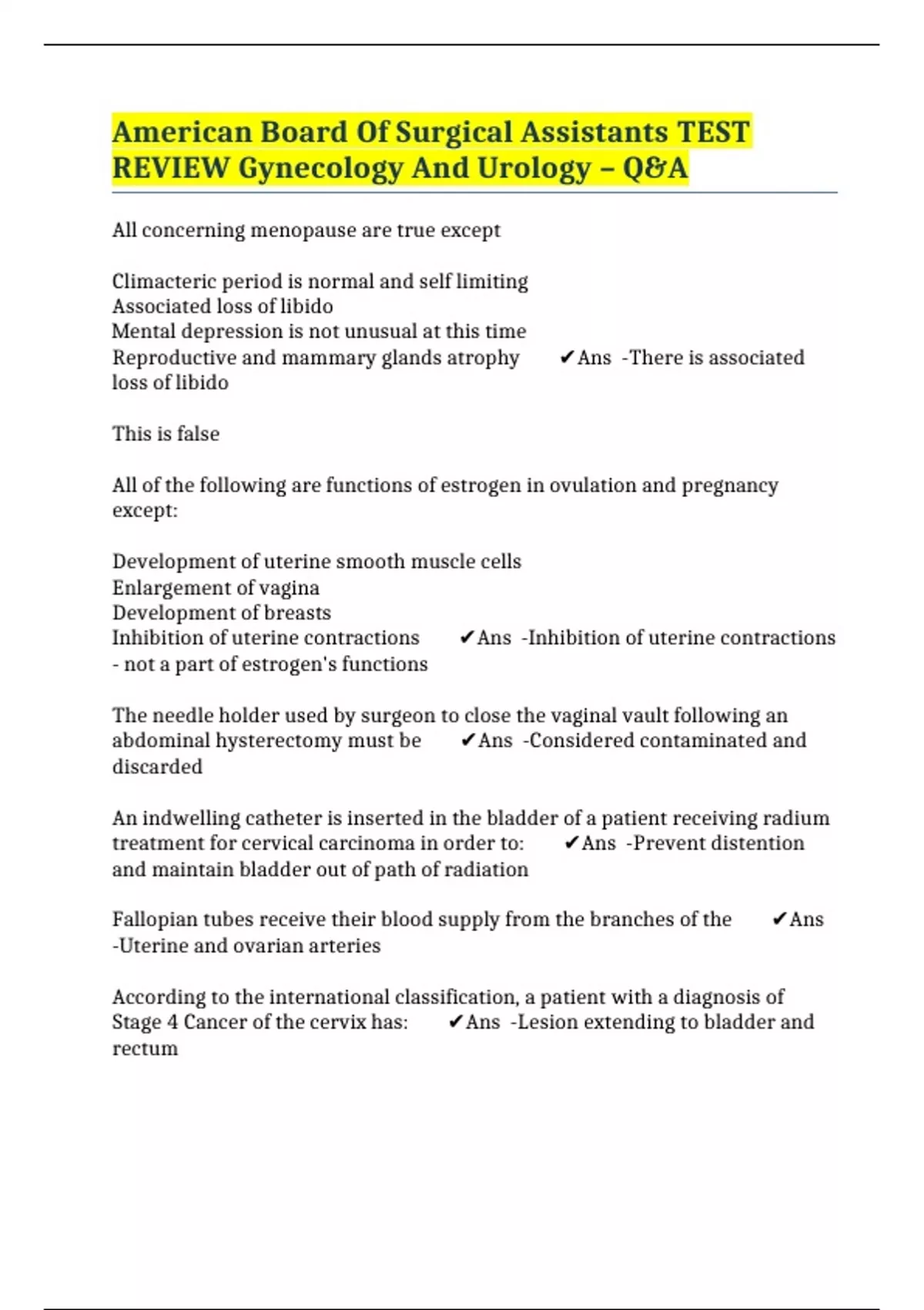 American Board Of Surgical Assistants TEST REVIEW Gynecology And ...