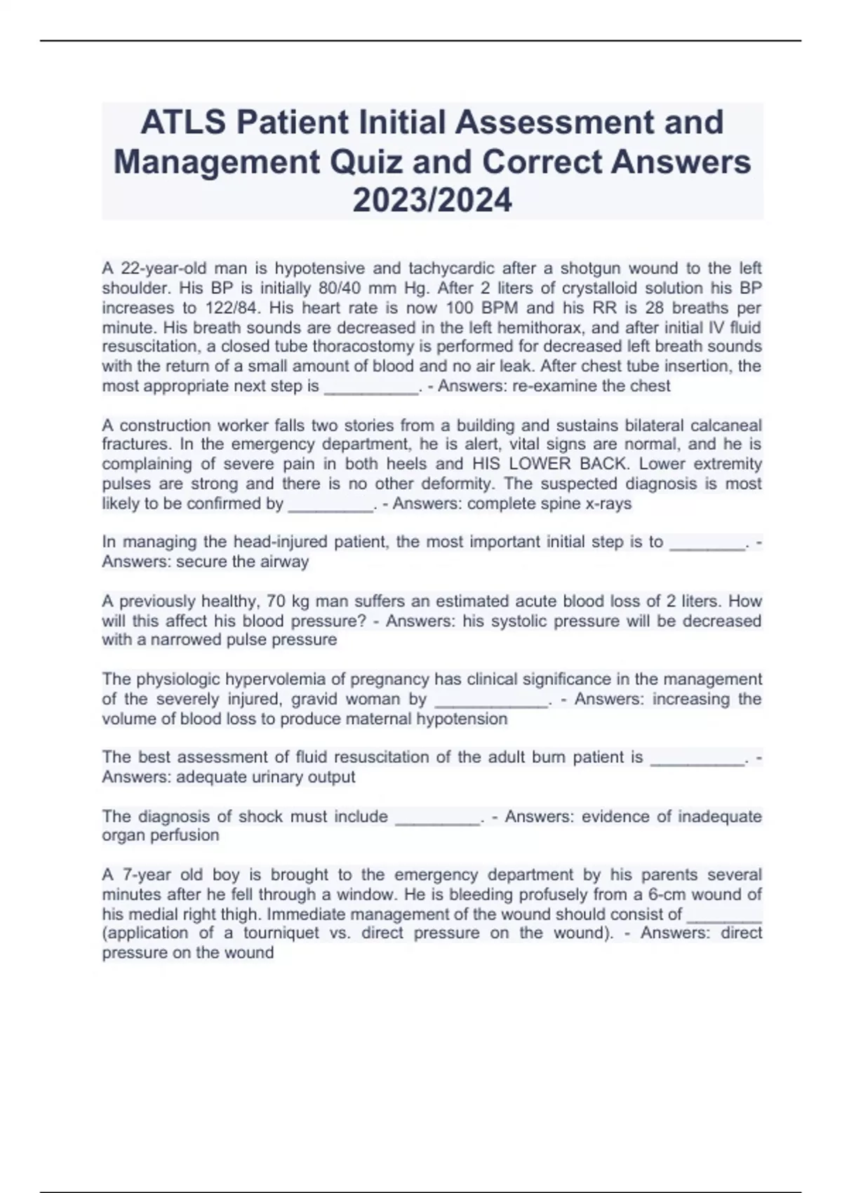 ATLS Patient Initial Assessment and Management Quiz and Correct Answers ...