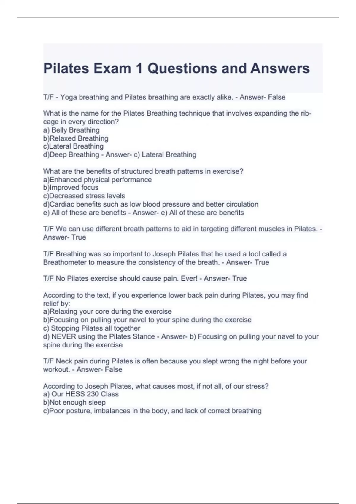 Pilates Exam 1 Questions and Answers - Pilates - Stuvia US