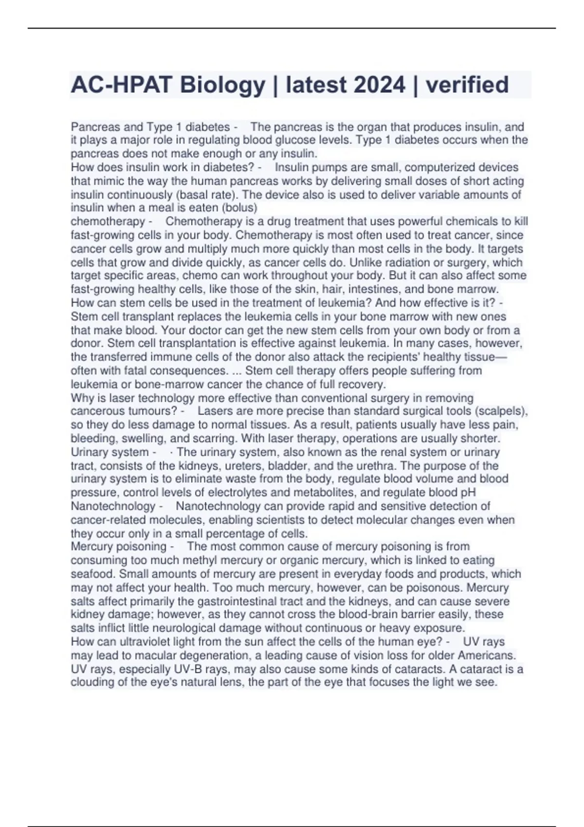 AC-HPAT Biology | latest 2024 | verified - AC-HPAT Biology - Stuvia US