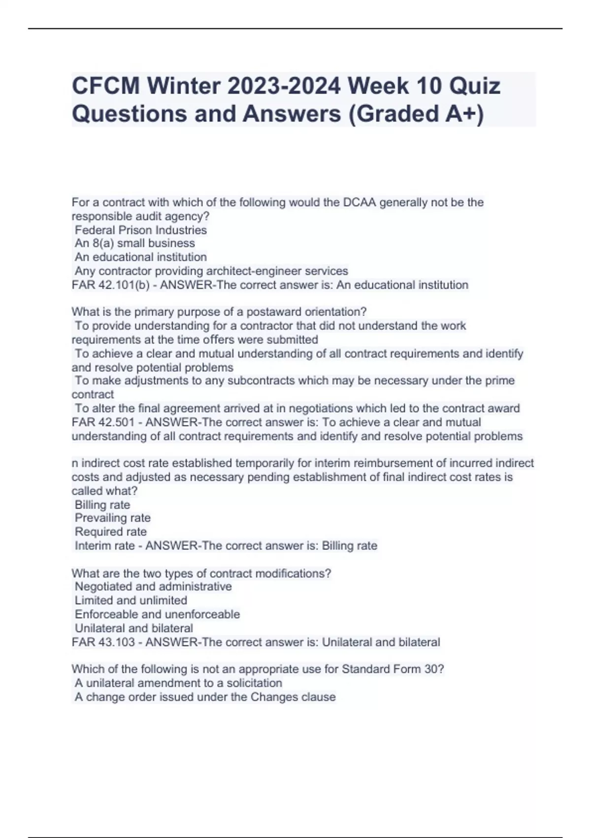 CFCM Winter Week 10 Quiz Questions and Answers (Graded A+) - CFCM ...