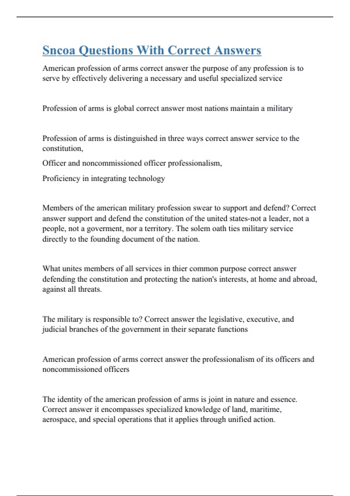 Senior Noncommissioned Officer Academy (SNCOA) Tests Bundle Set - Stuvia US