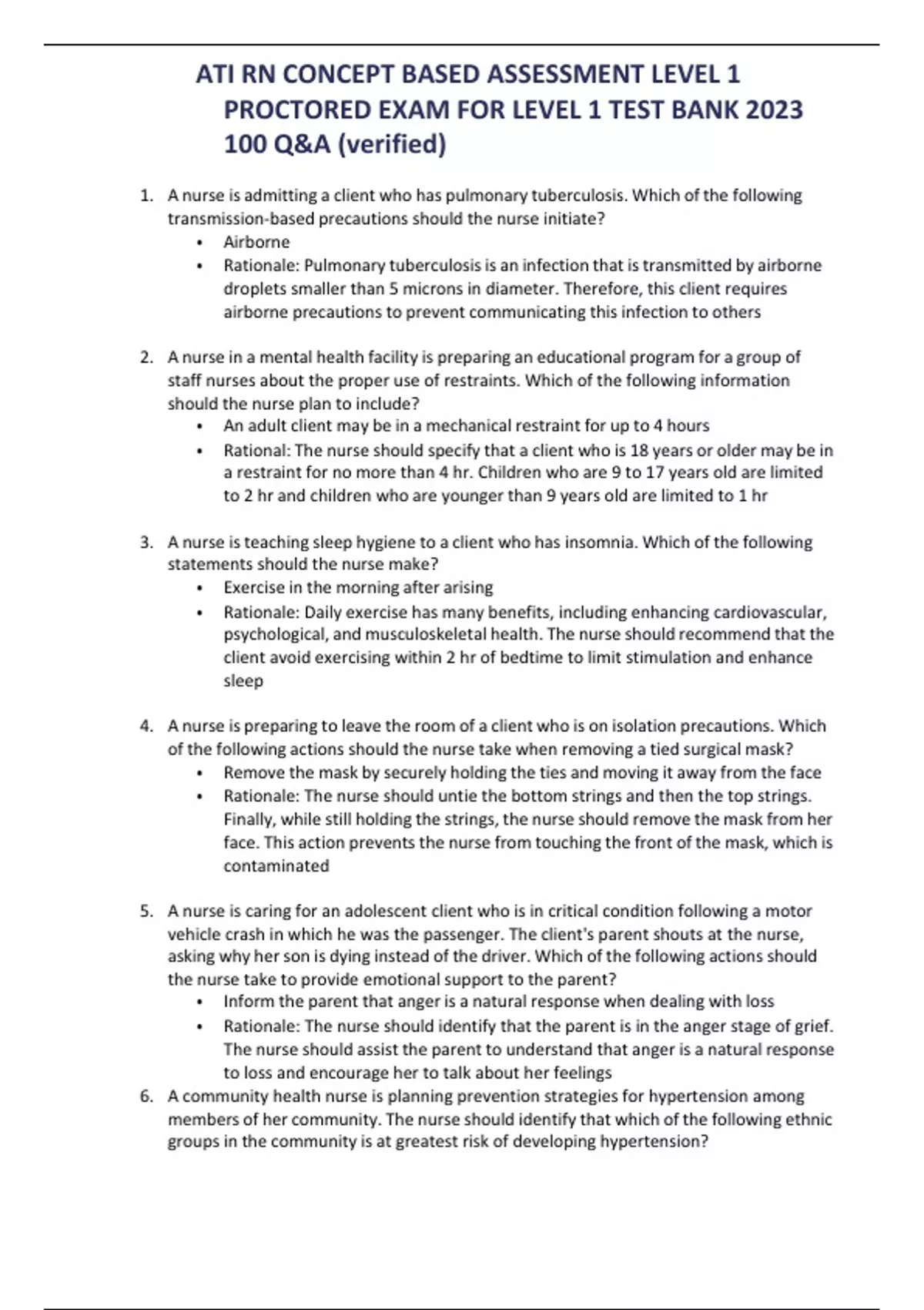 ATI RN CONCEPT BASED ASSESSMENT LEVEL 1 PROCTORED EXAM FOR LEVEL 1 TEST ...