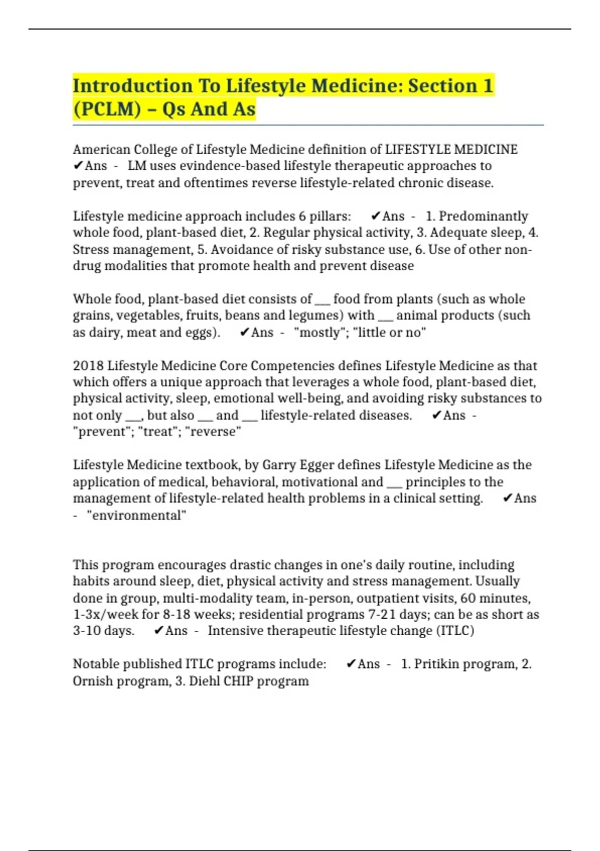 Introduction To Lifestyle Medicine: Section 1 (PCLM) – Qs And As ...