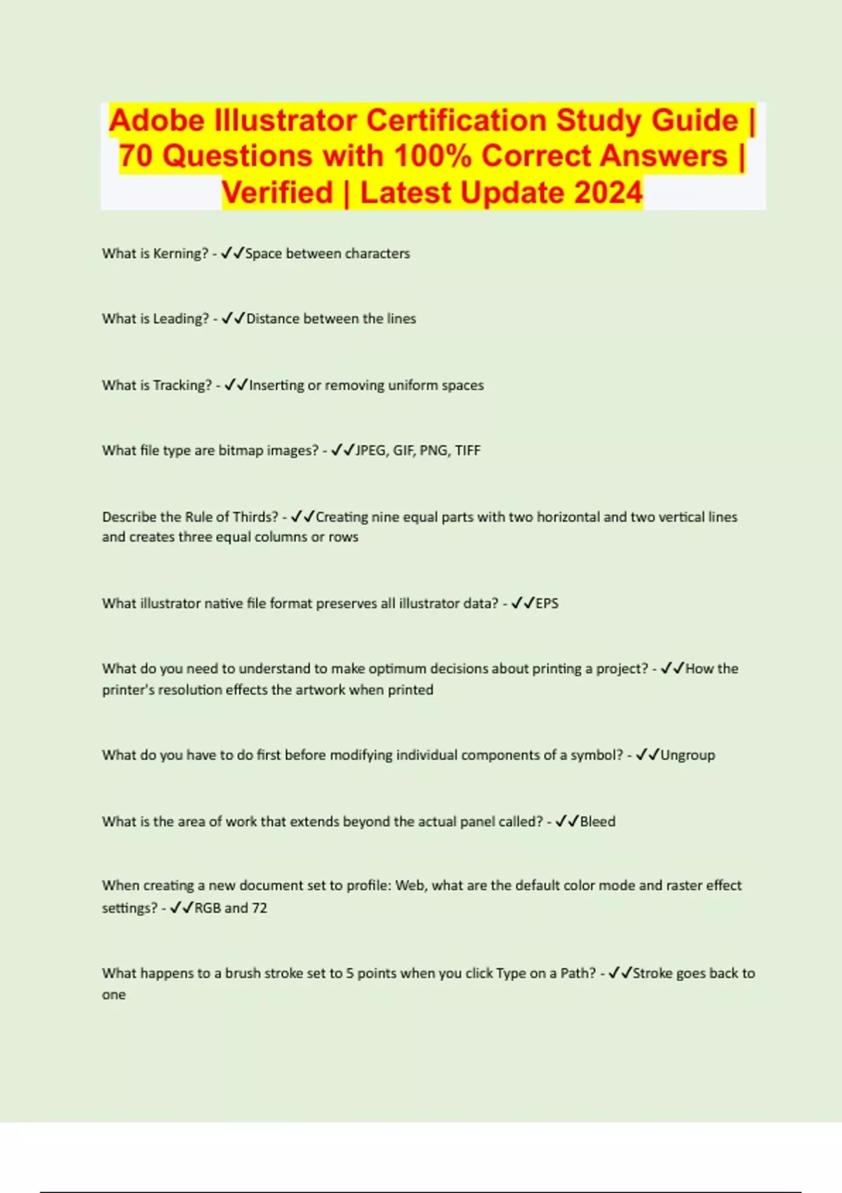 Adobe Illustrator Certification Study Guide | 70 Questions with 100% ...