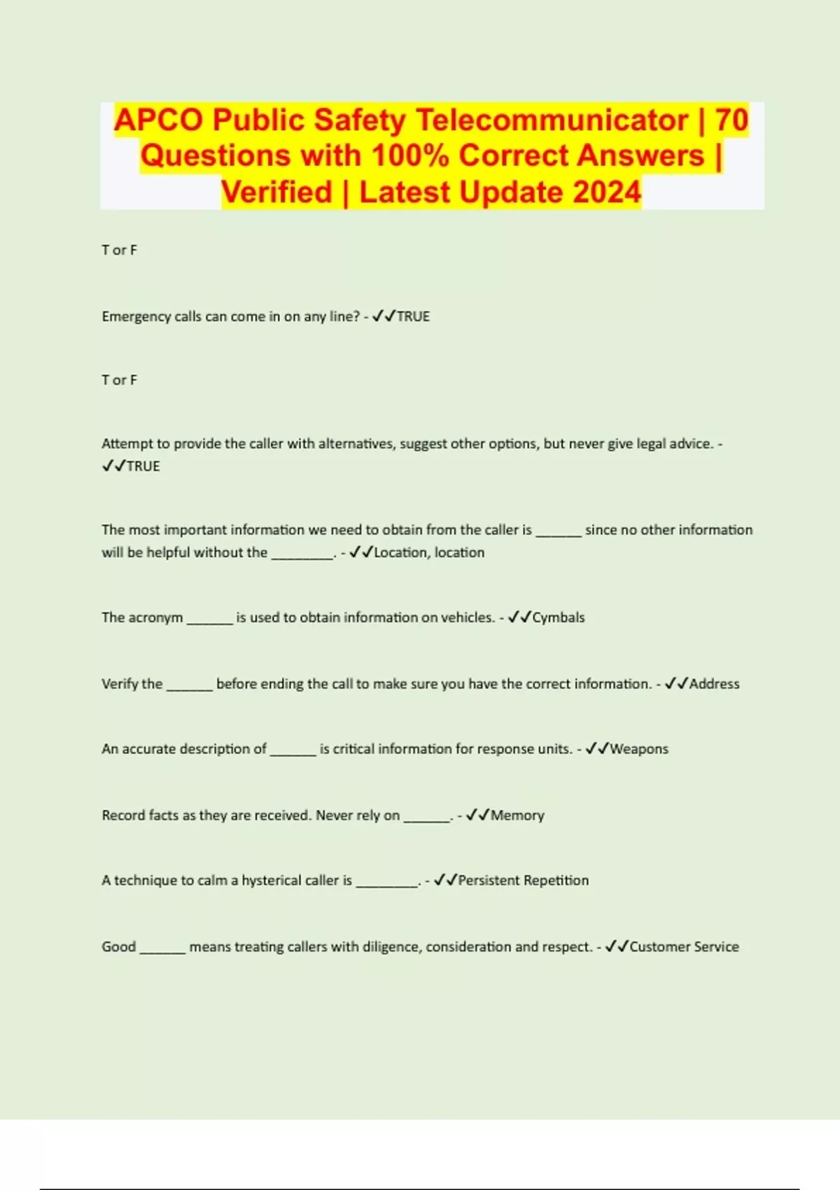 APCO Public Safety Telecommunicator | 70 Questions with 100% Correct ...
