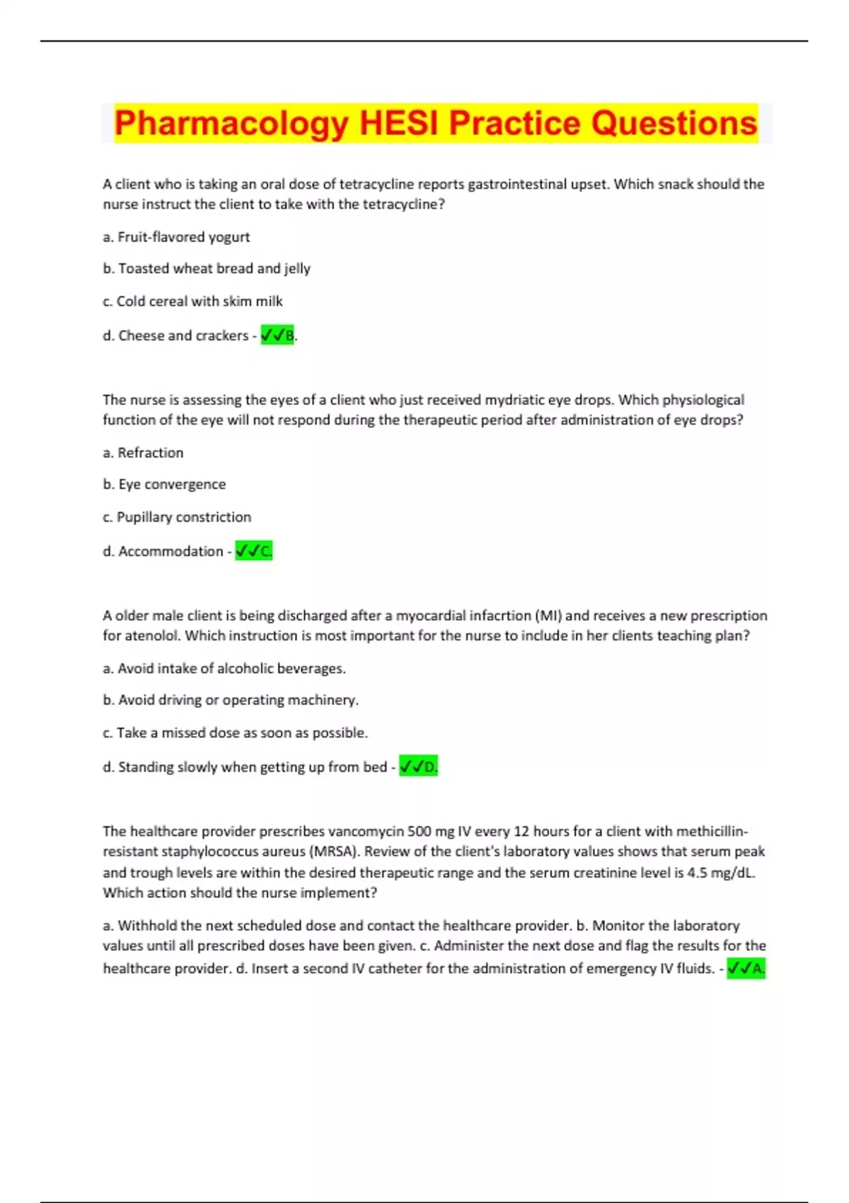 Pharmacology HESI Practice Questions with 100% Correct Answers | Latest ...