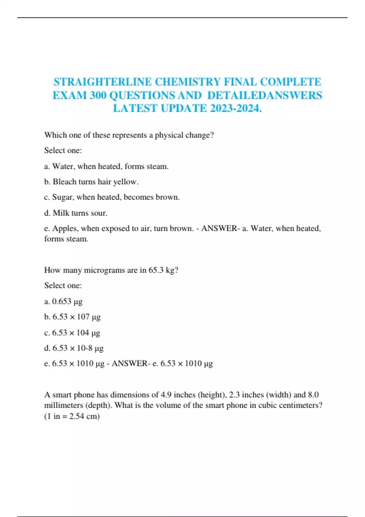 STRAIGHTERLINE CHEMISTRY FINAL COMPLETE EXAM 300 QUESTIONS AND DETAILED ...