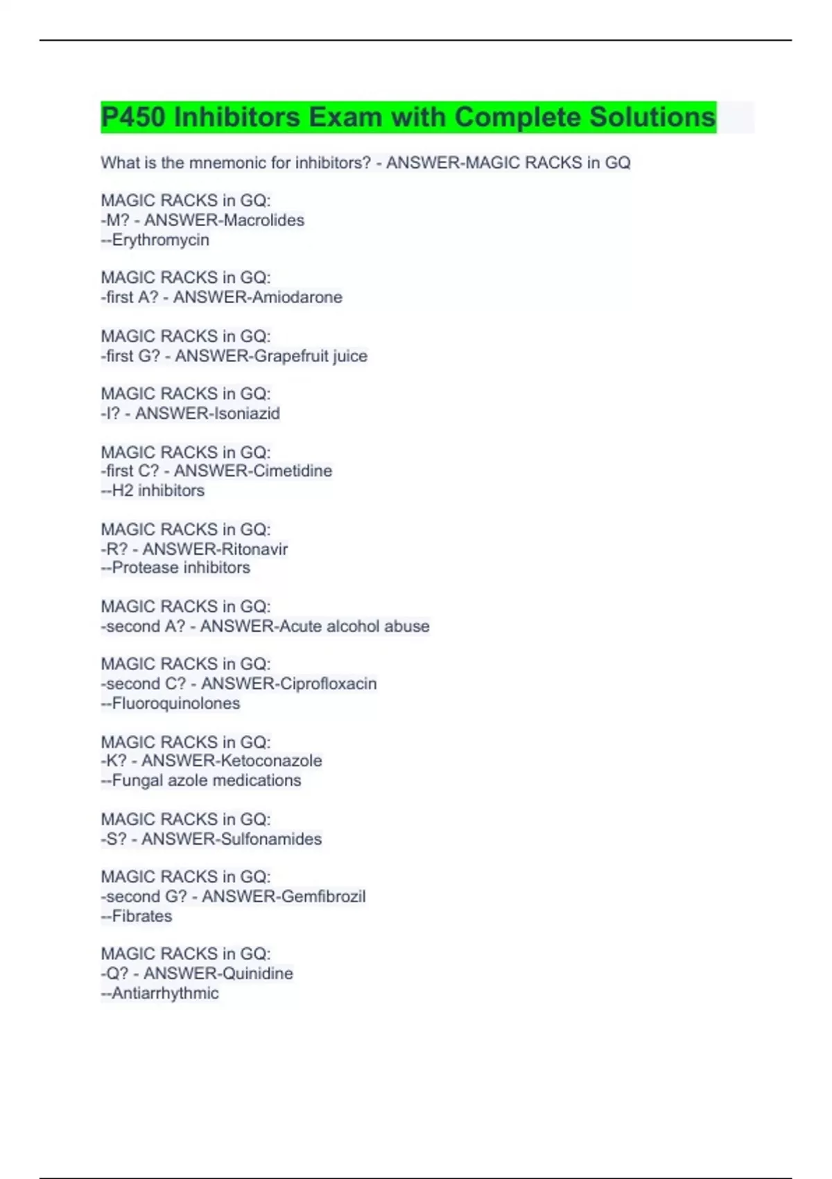 P450 Inhibitors Exam with Complete Solutions - P450 Inhibitors - Stuvia US