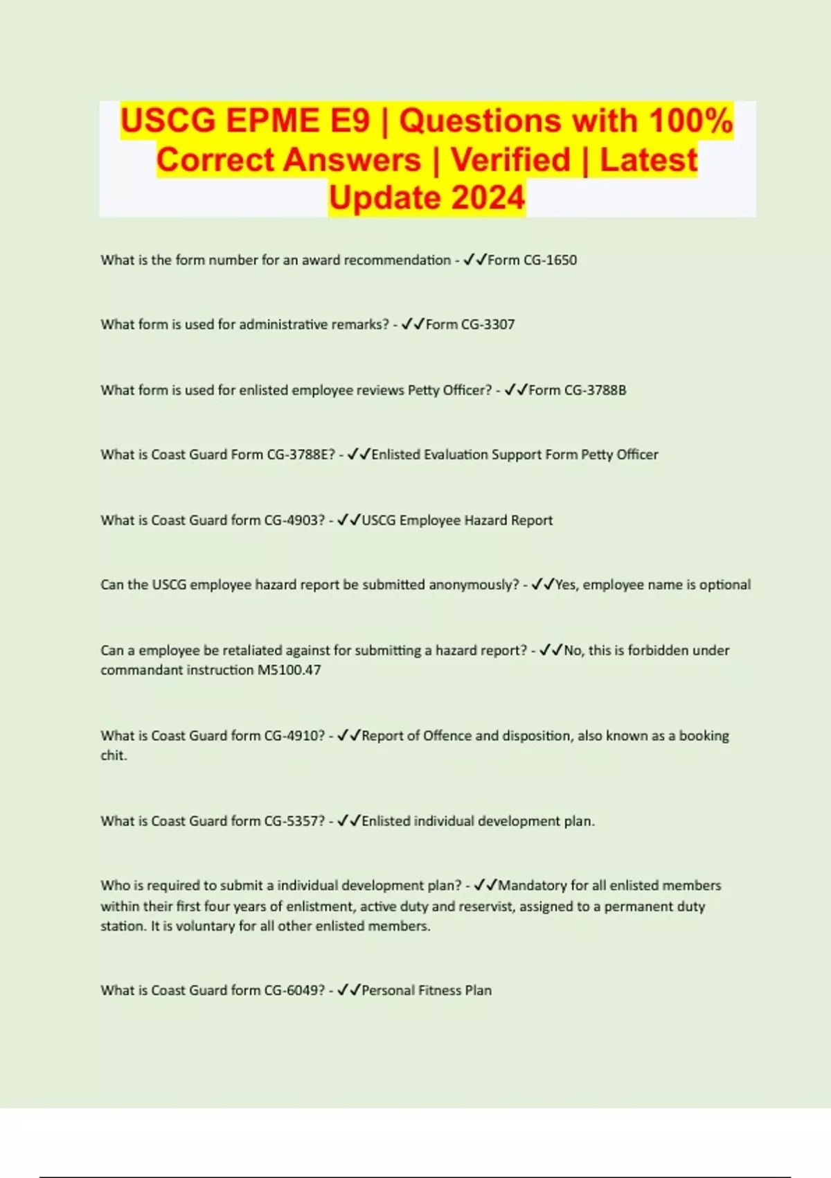 USCG EPME E9 | Questions with 100% Correct Answers | Verified | Latest ...