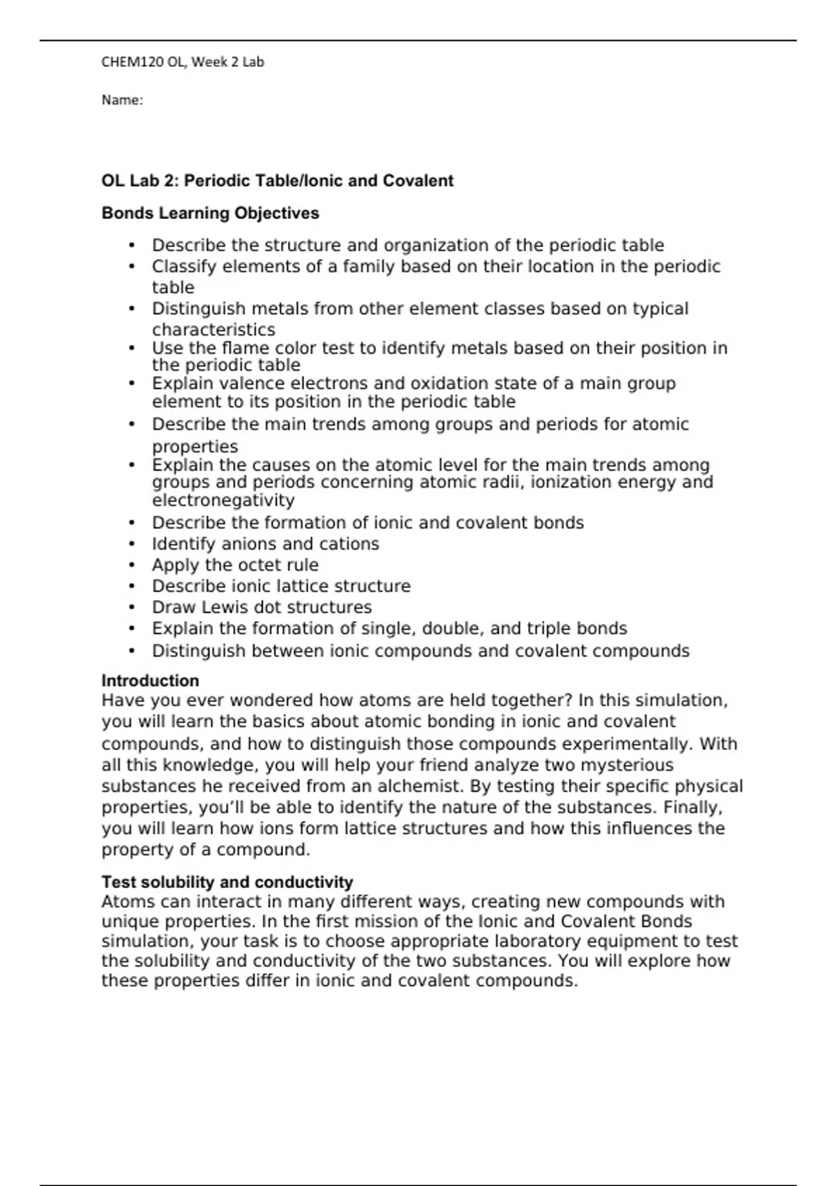 CHEM 120 Week 2 Virtual Lab; Periodic Table of Elements Part I,Part II ...
