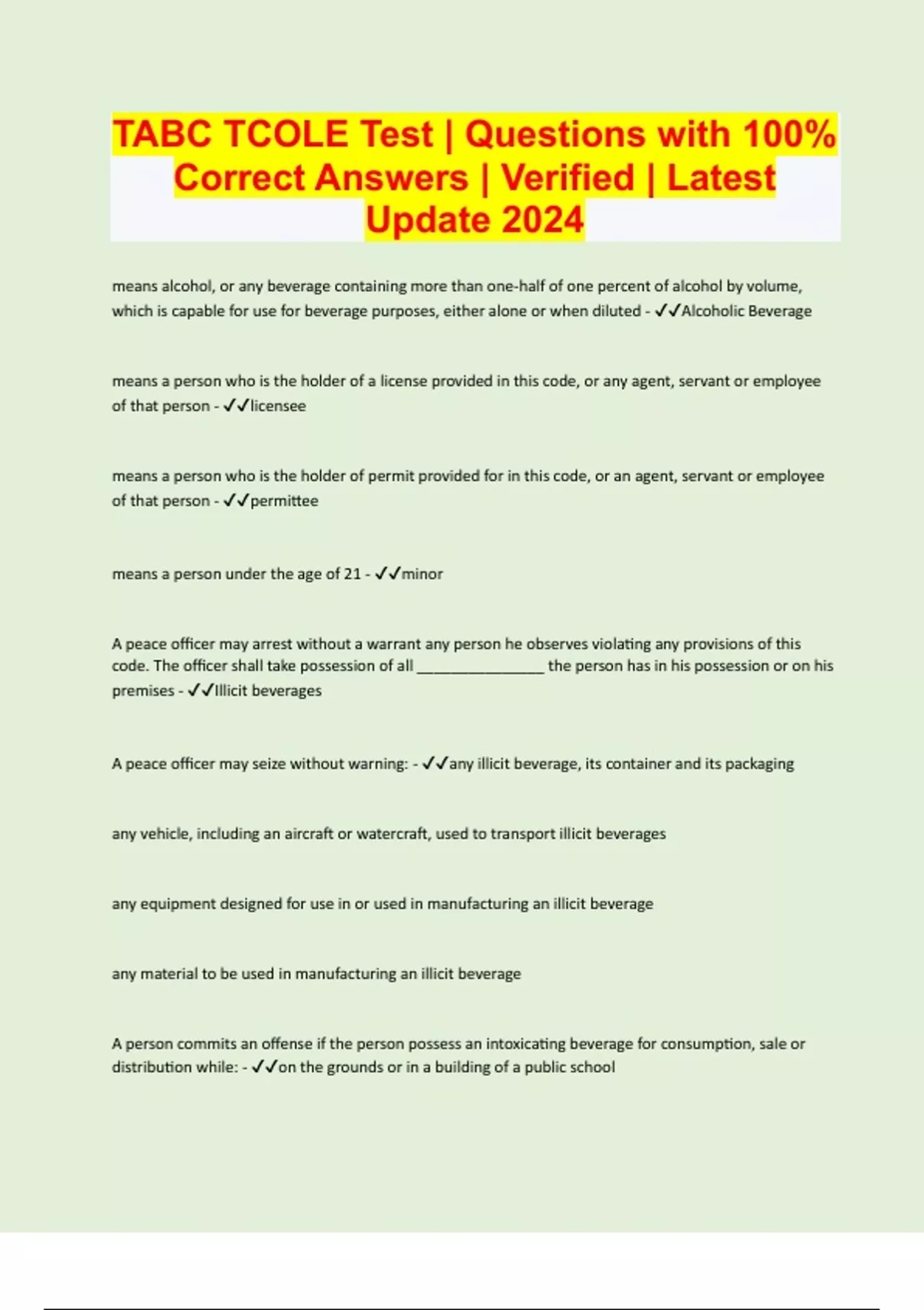 Tabc Tcole Test Questions With 100 Correct Answers Verified Latest Update 2024 Tabc