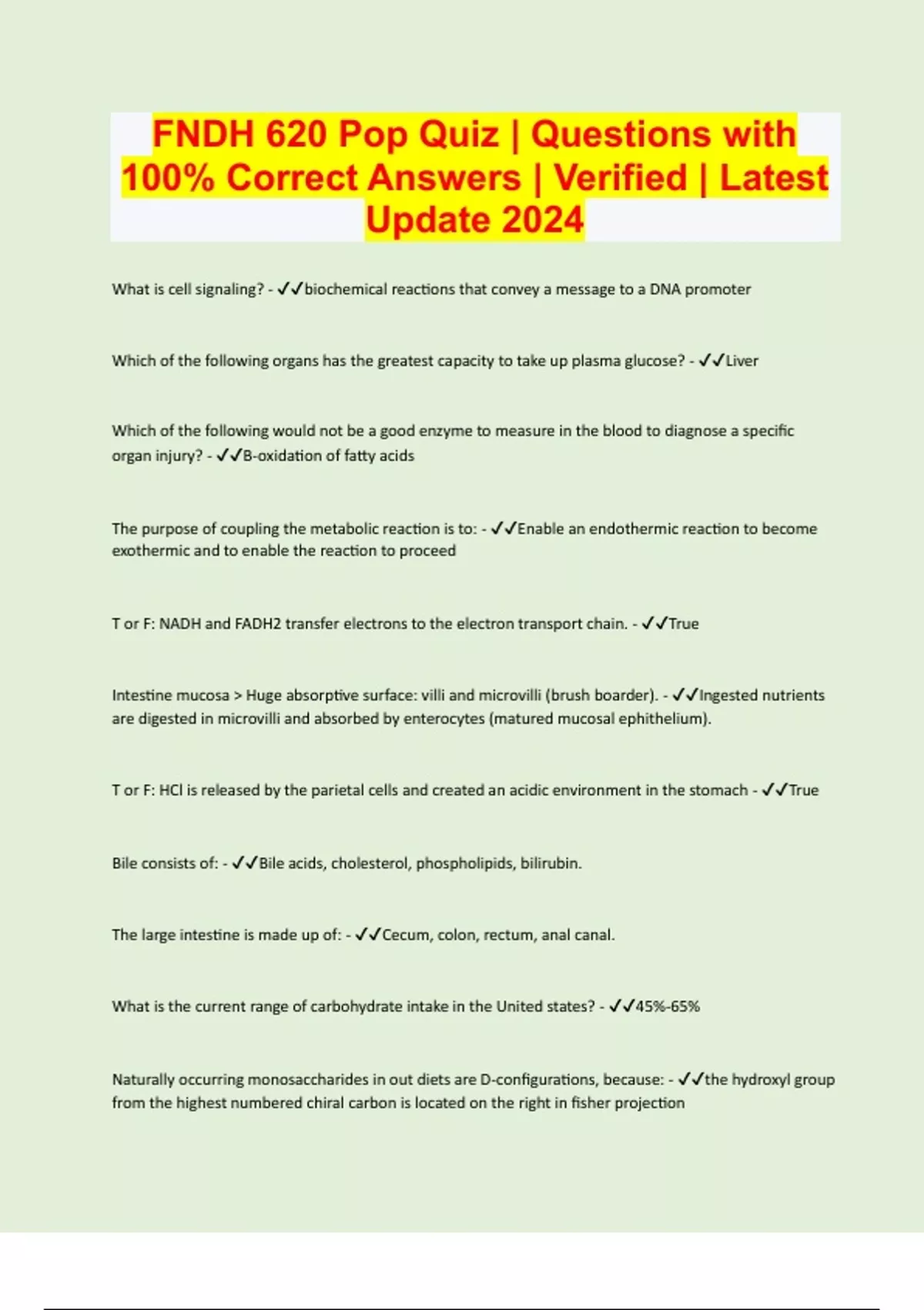 FNDH 620 Pop Quiz | Questions with 100% Correct Answers | Verified ...