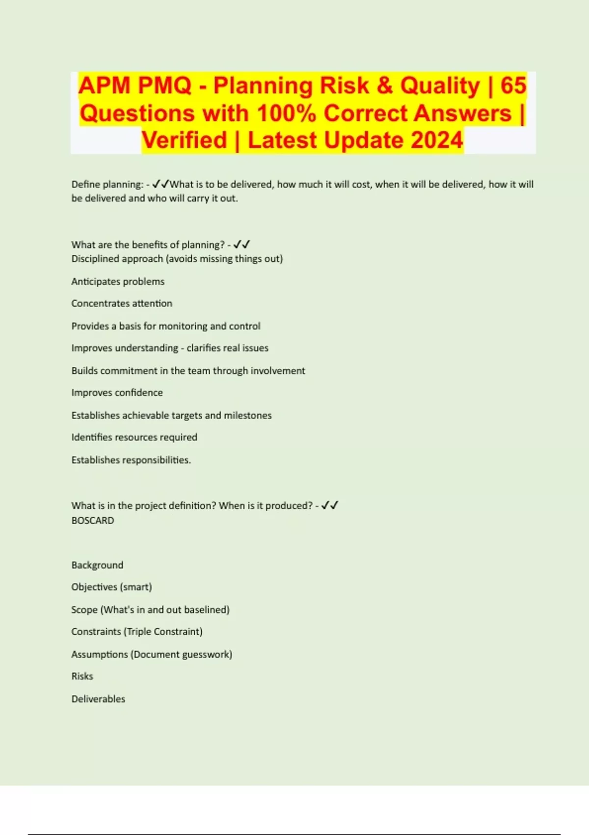 APM PMQ - Planning Risk & Quality | 65 Questions with 100% Correct ...