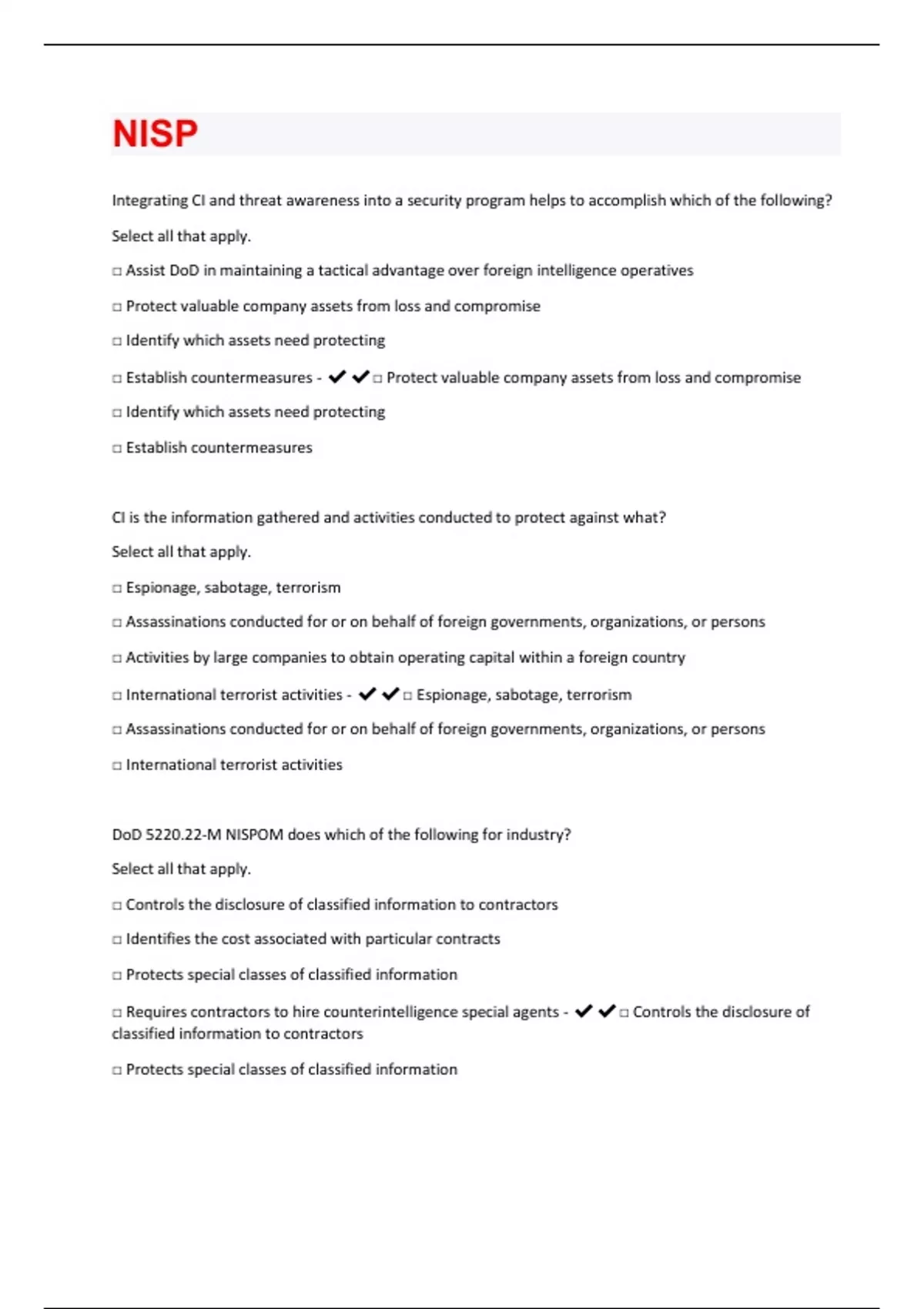 NISP QUESTIONS WITH 100 % CORRECT ANSWERS | VERIFIED - NISP - Stuvia US