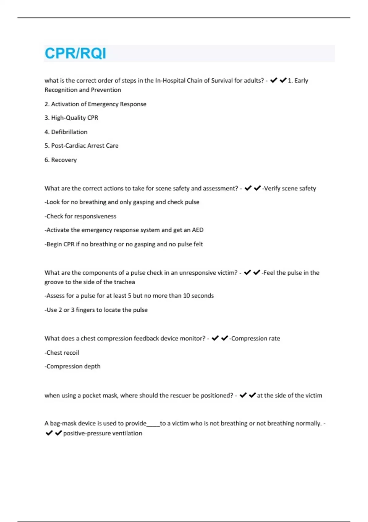 CPR/RQI QUESTIONS WITH 100 % CORRECT ANSWERS | VERIFIED - CPR RQI ...