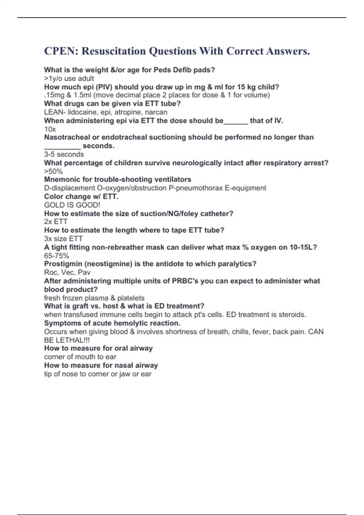 CPEN: Resuscitation Questions With Correct Answers. - CPEN - Stuvia US