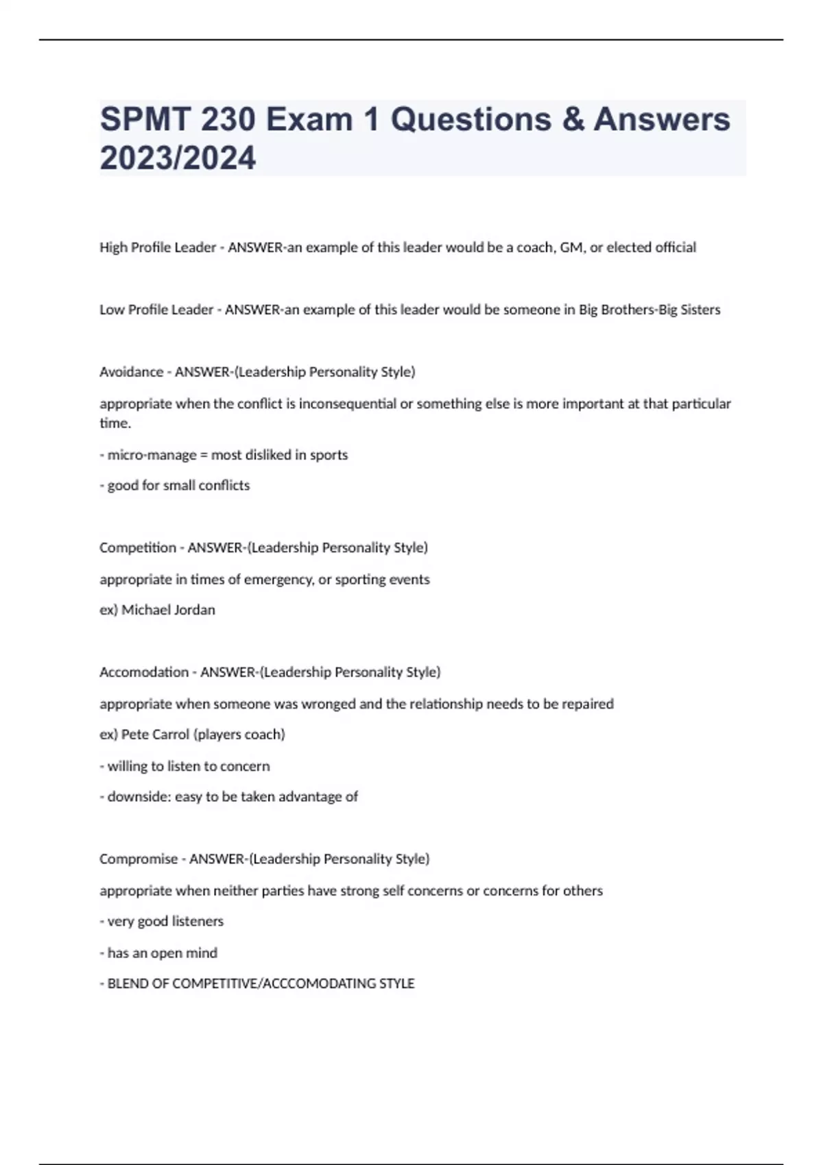 SPMT 230 Exam 1 Questions & Answers 2023/2024 - SPMT 230 - Stuvia US