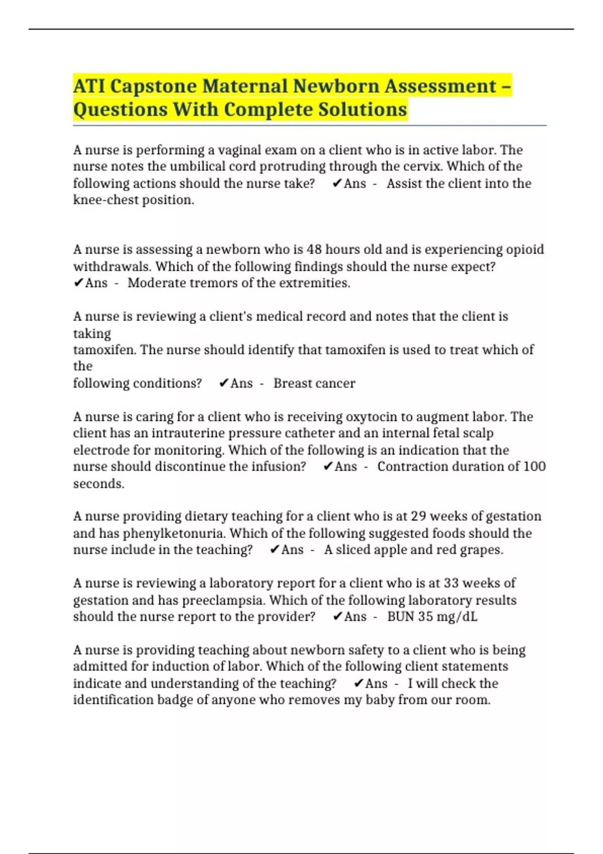 ATI Capstone Maternal Newborn Assessment – Questions With Complete ...