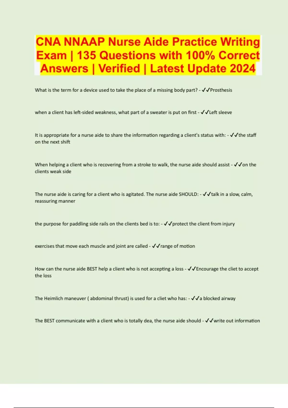 CNA NNAAP Nurse Aide Practice Writing Exam | 135 Questions with 100% Correct Answers | Verified ...