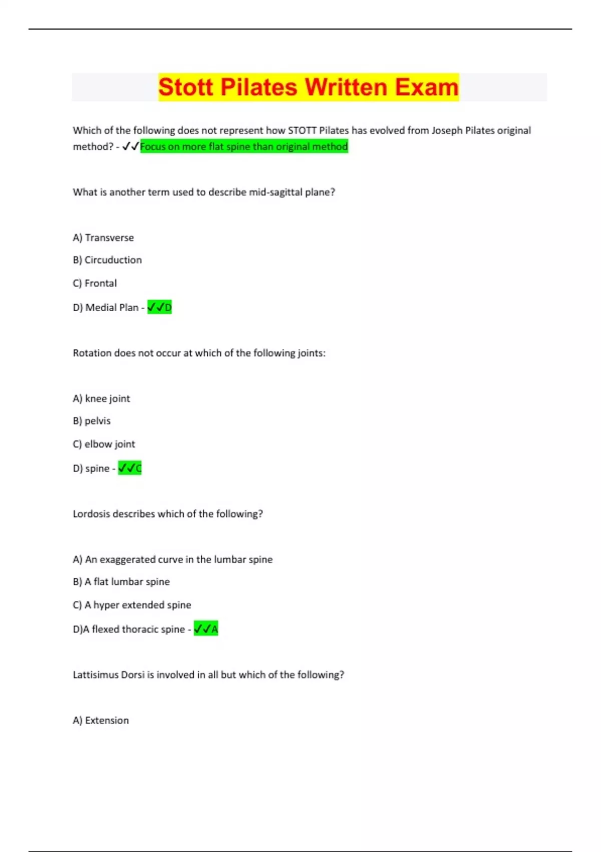 Stott Pilates Written Exam Questions with 100% Correct Answers | Latest ...
