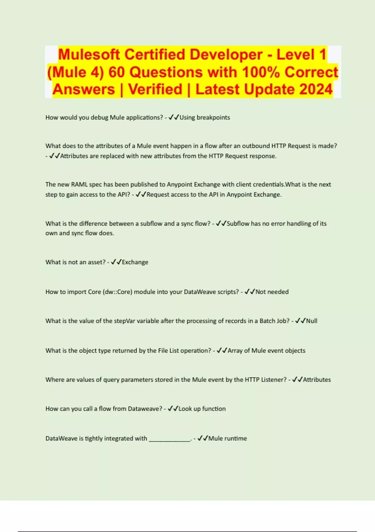 Mulesoft Certified Developer Level 1 Mule 4 60 Questions With 100 Correct Answers
