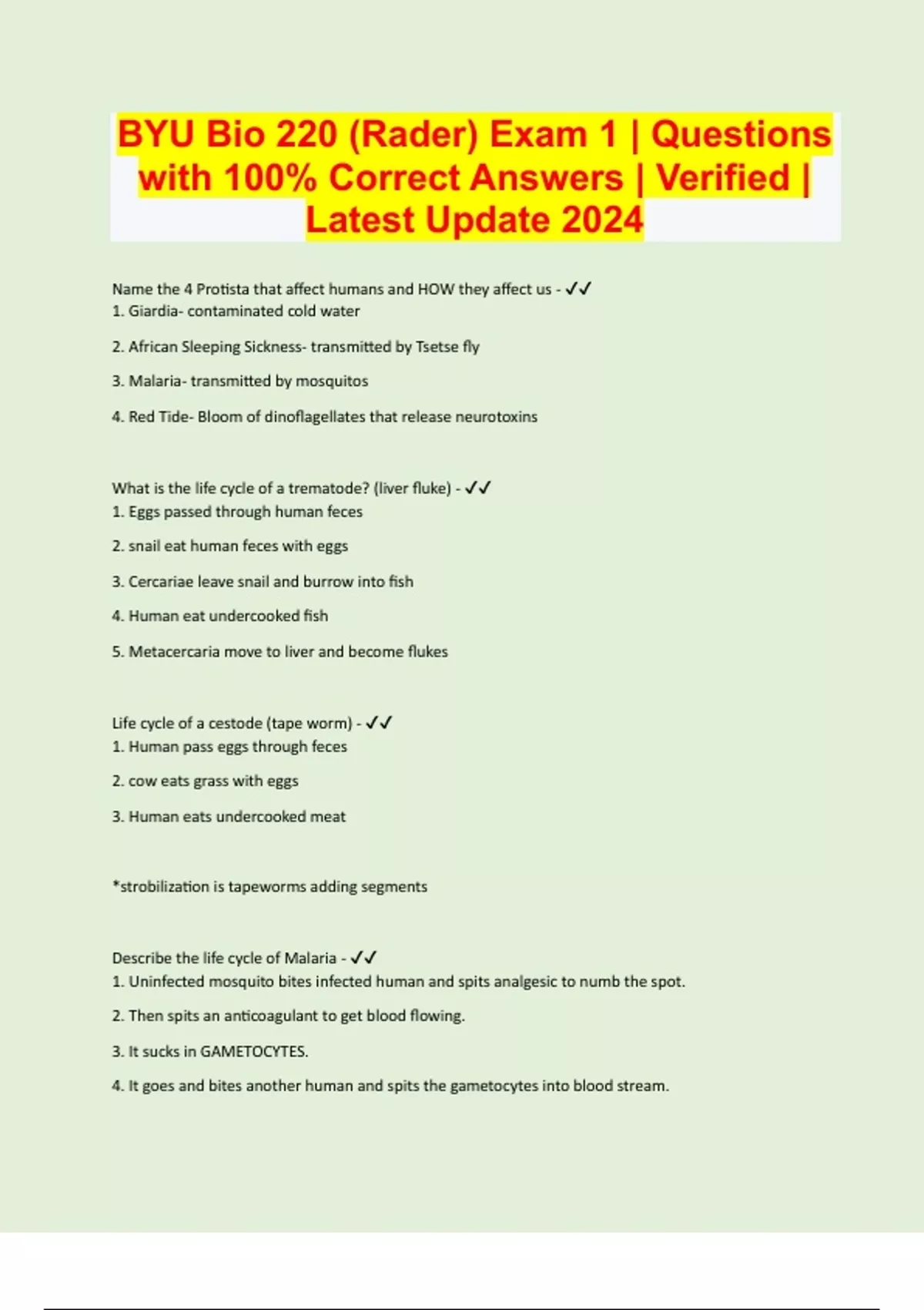 BYU Bio 220 (Rader) Exam 1 | Questions with 100% Correct Answers ...