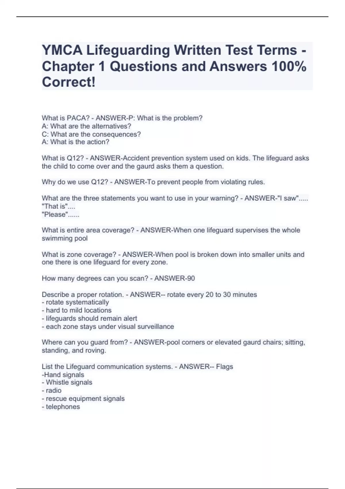 YMCA Lifeguarding Written Test Terms - Chapter 1 Questions and Answers ...