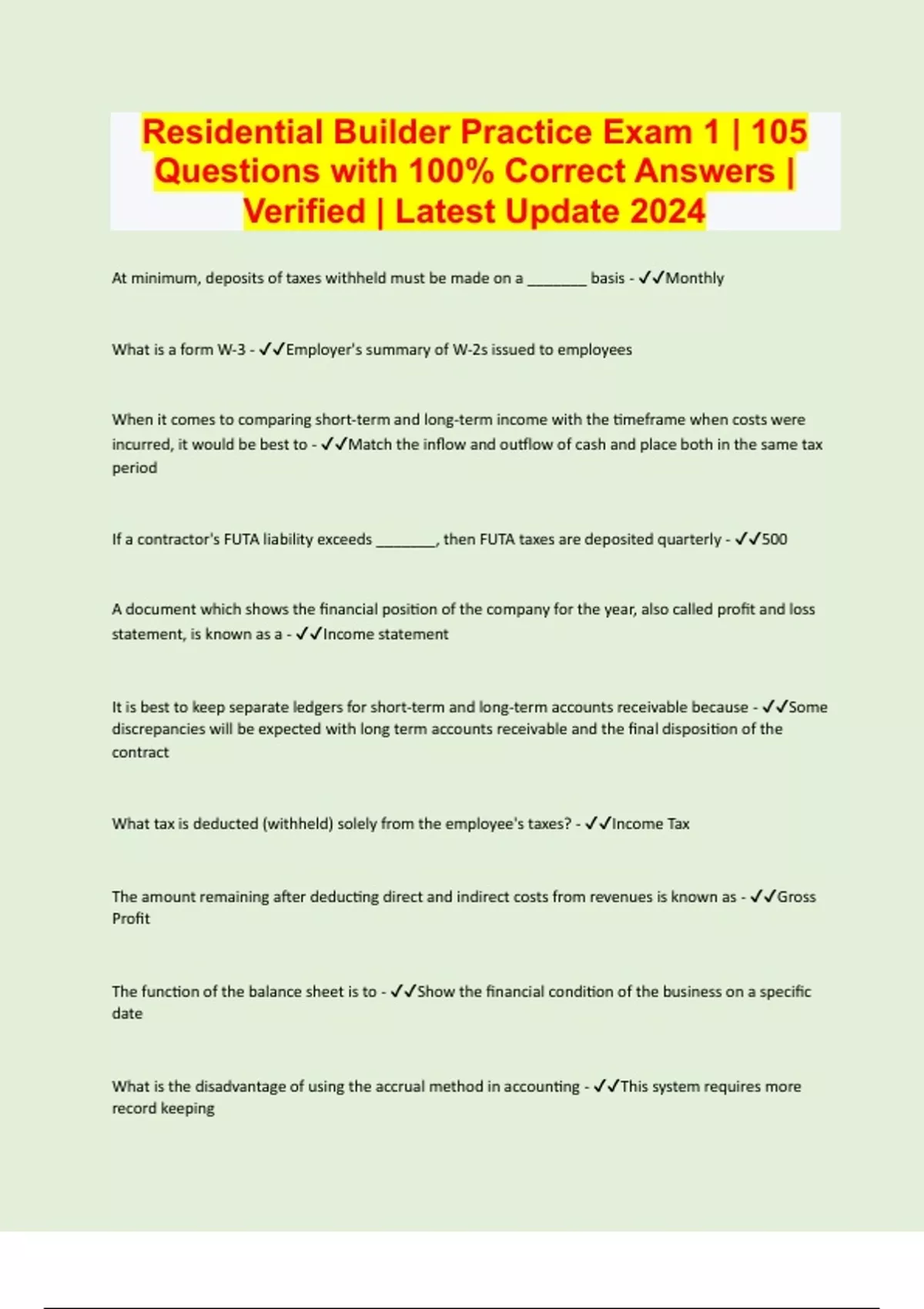 Residential Builder Practice Exam 1 | 105 Questions with 100% Correct ...