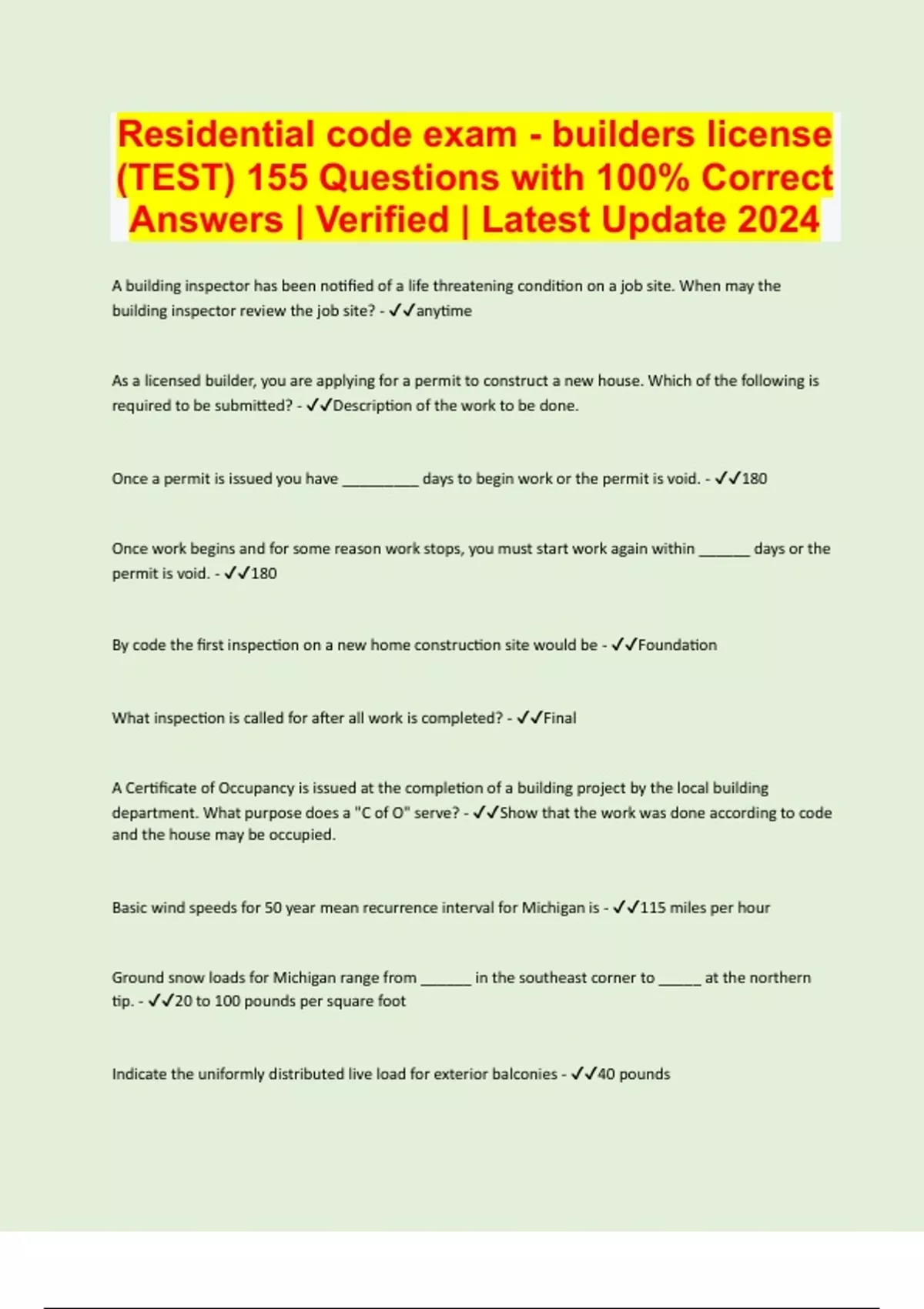 Residential code exam - builders license (TEST) 155 Questions with 100% ...