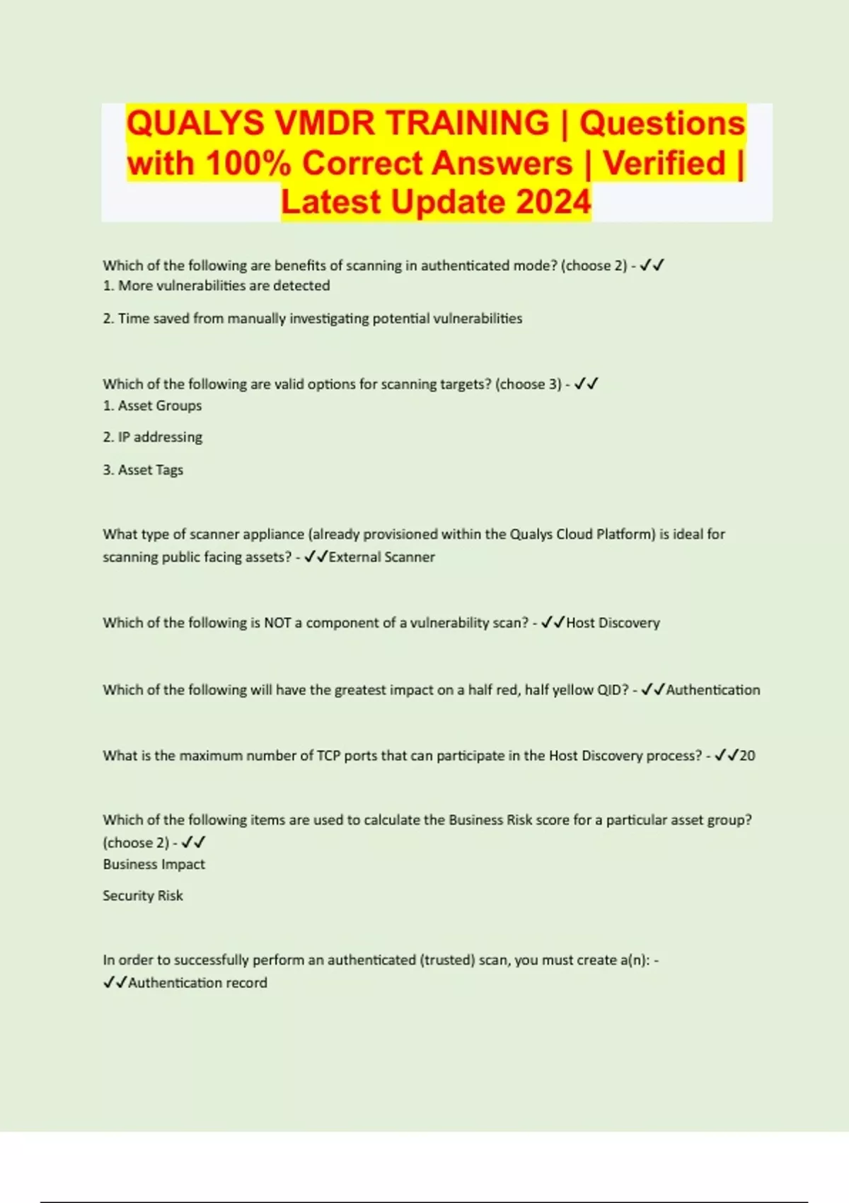 QUALYS VMDR TRAINING | Questions with 100% Correct Answers | Verified ...