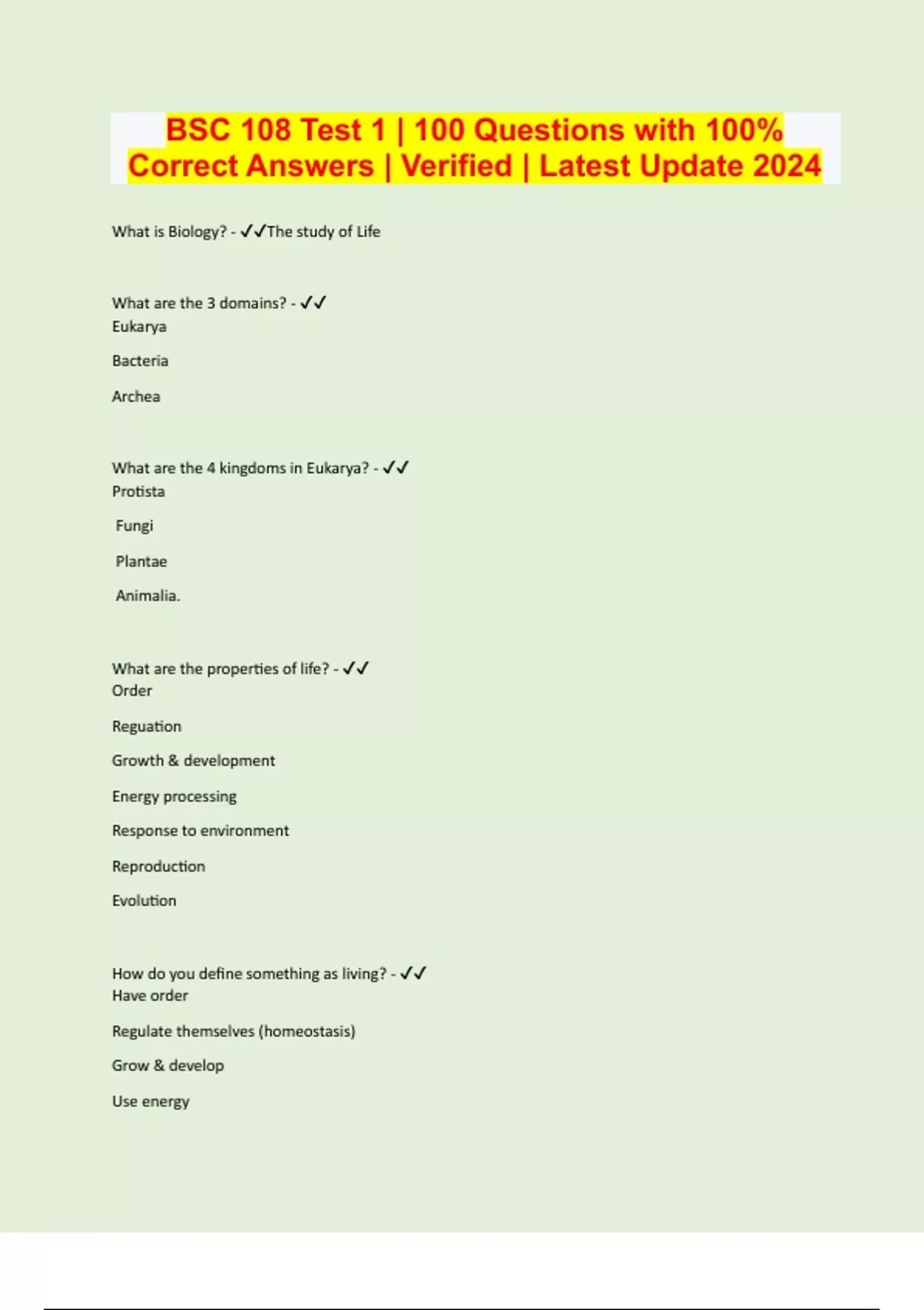 BSC 108 Test 1 | 100 Questions with 100% Correct Answers | Verified ...