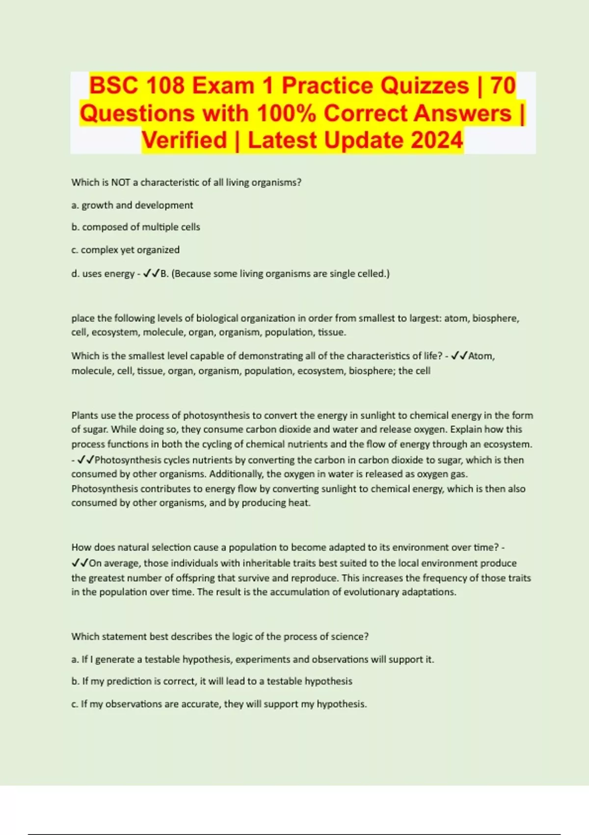 BSC 108 Exam 1 Practice Quizzes | 70 Questions with 100% Correct ...