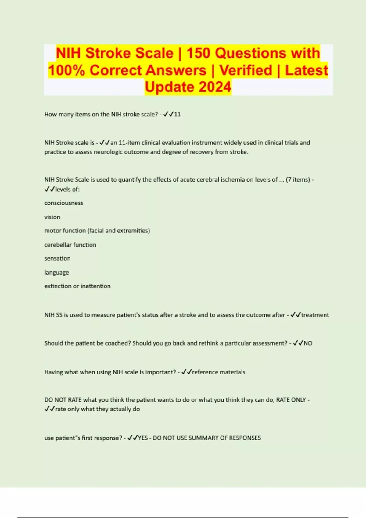 NIH Stroke Scale | 150 Questions with 100% Correct Answers | Verified ...