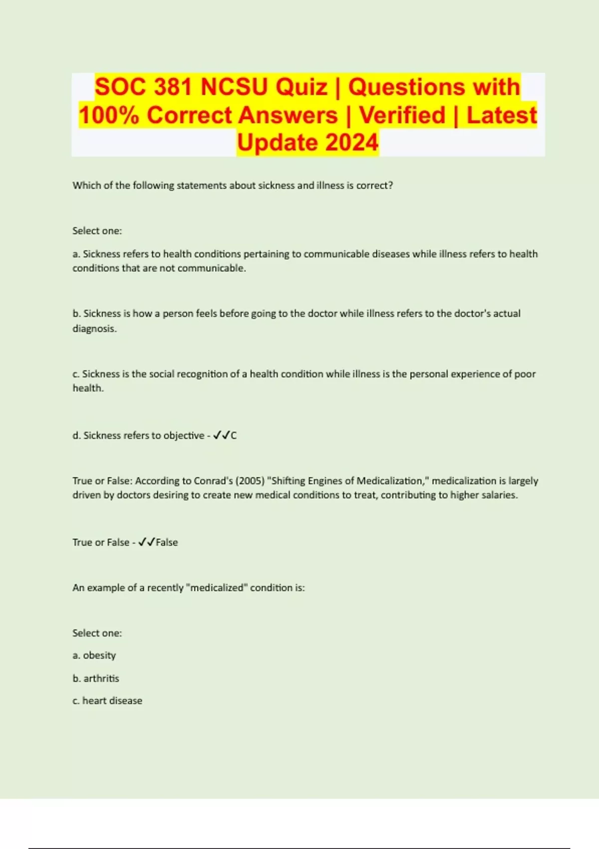 SOC 381 NCSU Quiz | Questions with 100% Correct Answers | Verified ...