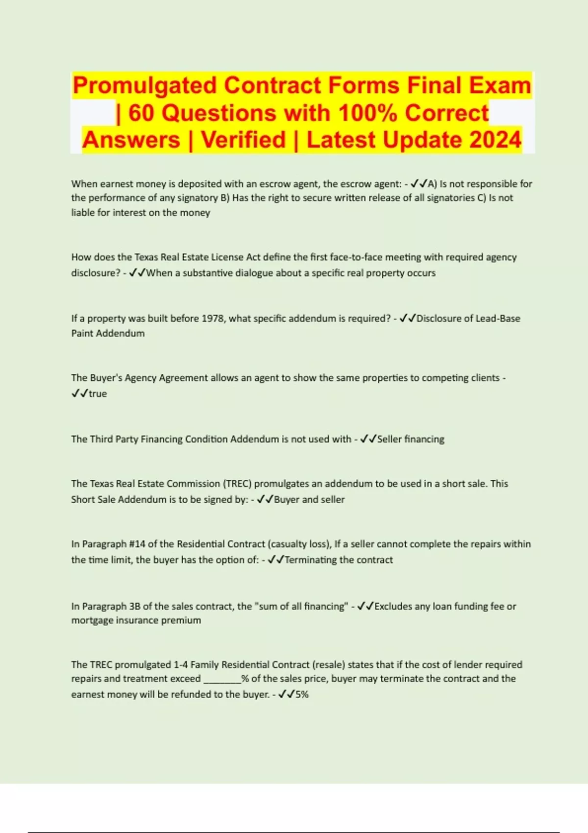 Promulgated Contract Forms Final Exam | 60 Questions with 100% Correct ...