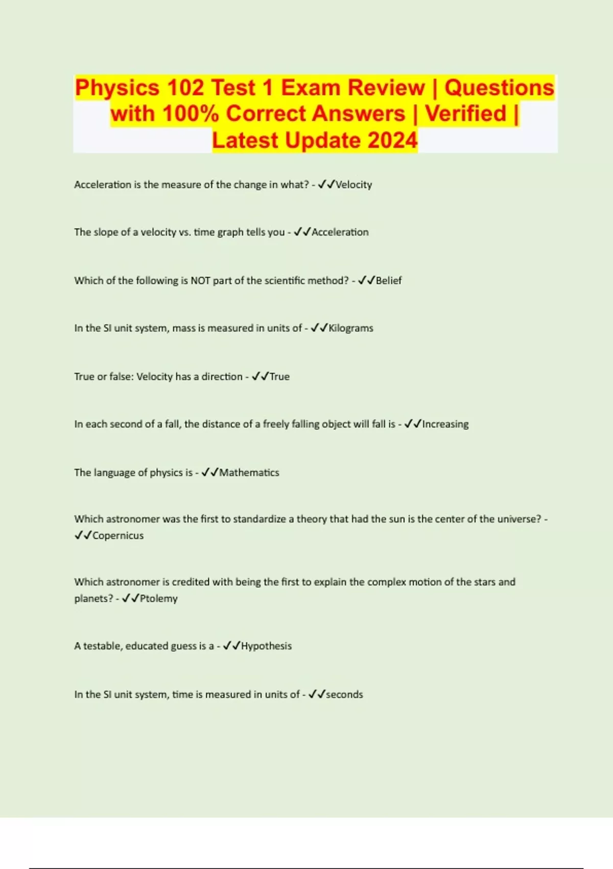 Physics 102 Test 1 Exam Review | Questions with 100% Correct Answers ...