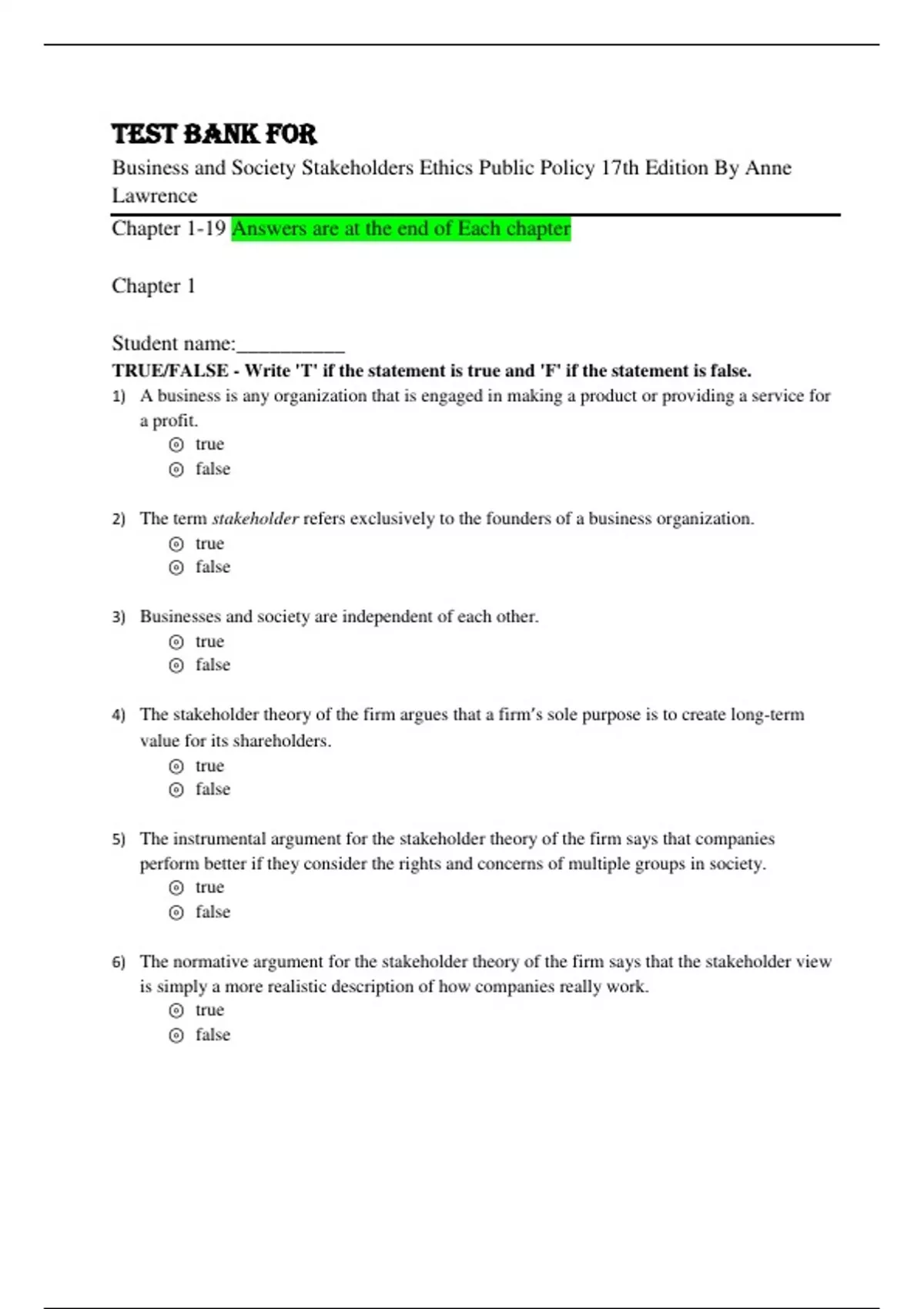 Test Bank for Business and Society Stakeholders Ethics Public Policy ...