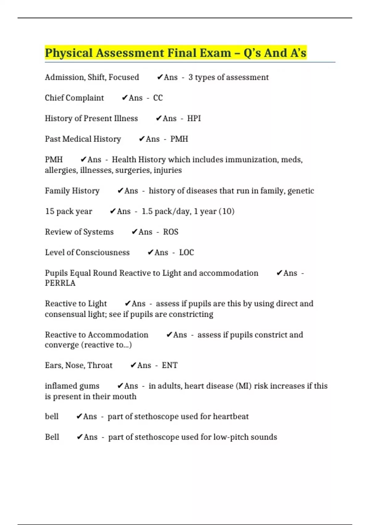 Physical Assessment Final Exam – Q’s And A’s - Physical Assessment ...