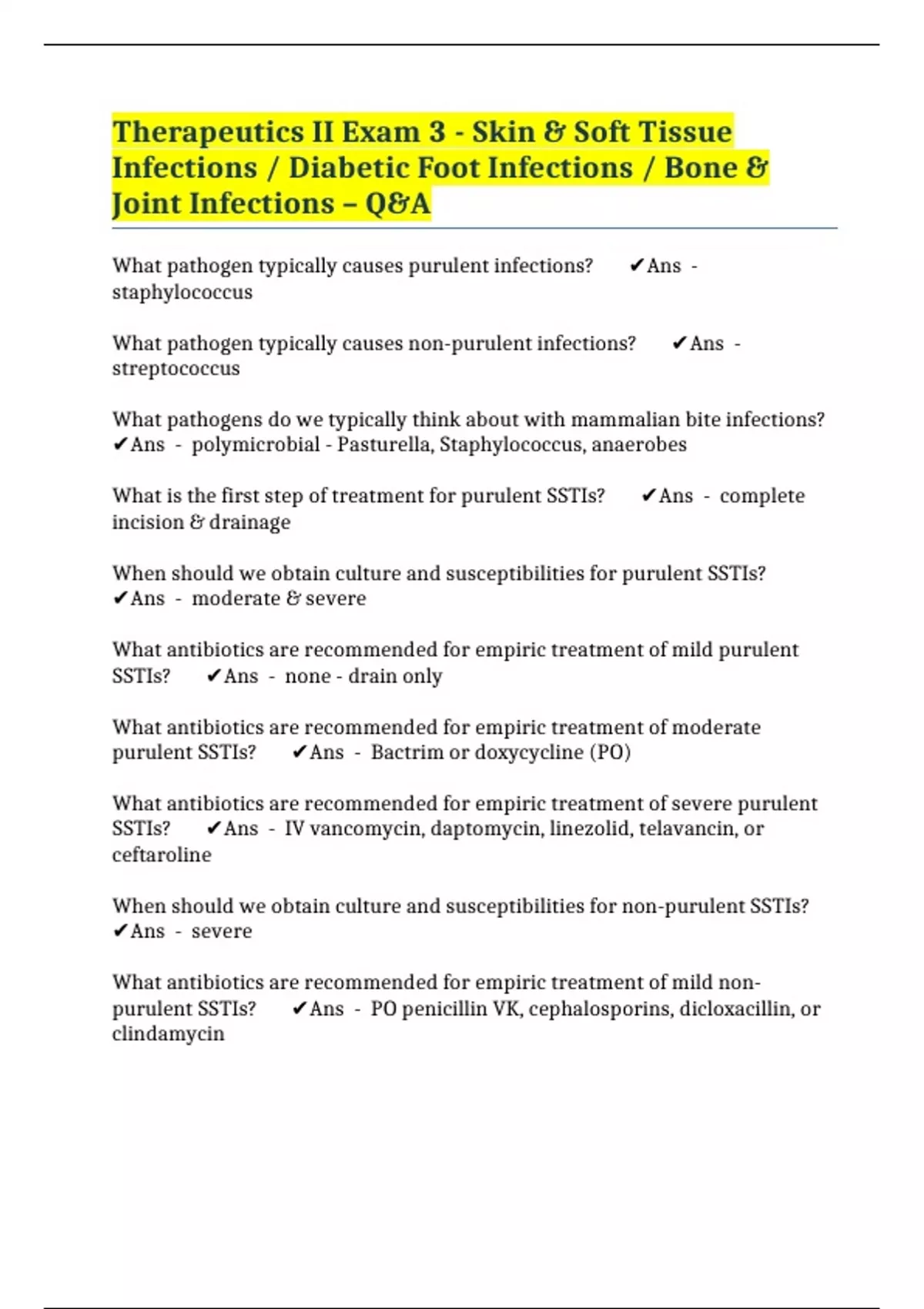 Therapeutics II Exam 3 - Skin & Soft Tissue Infections / Diabetic Foot ...