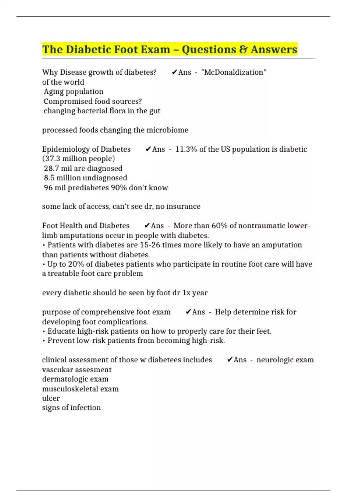 The Diabetic Foot Exam – Questions & Answers - CDFE - Stuvia US