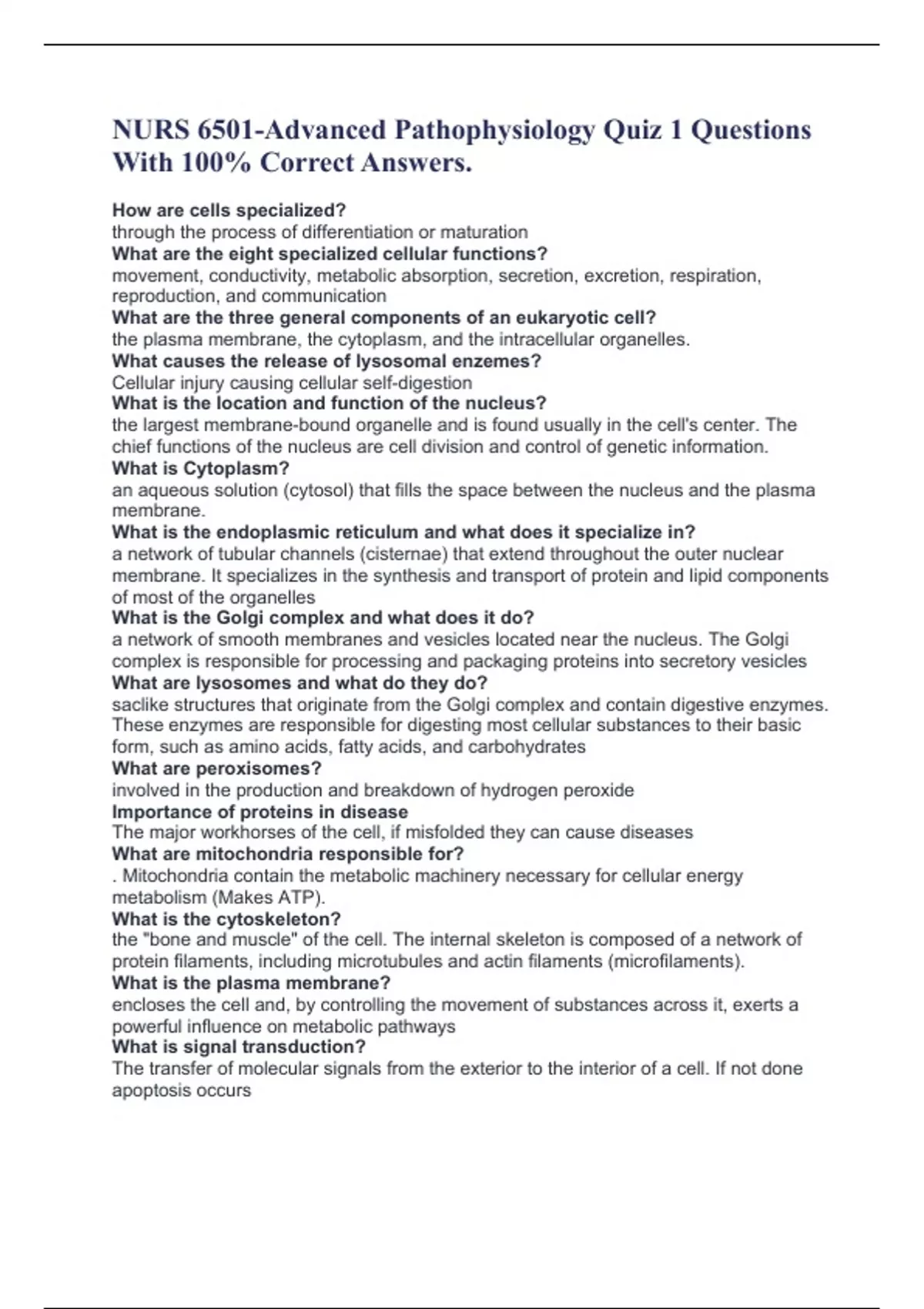 NURS 6501-Advanced Pathophysiology Quiz 1 Questions With 100% Correct ...