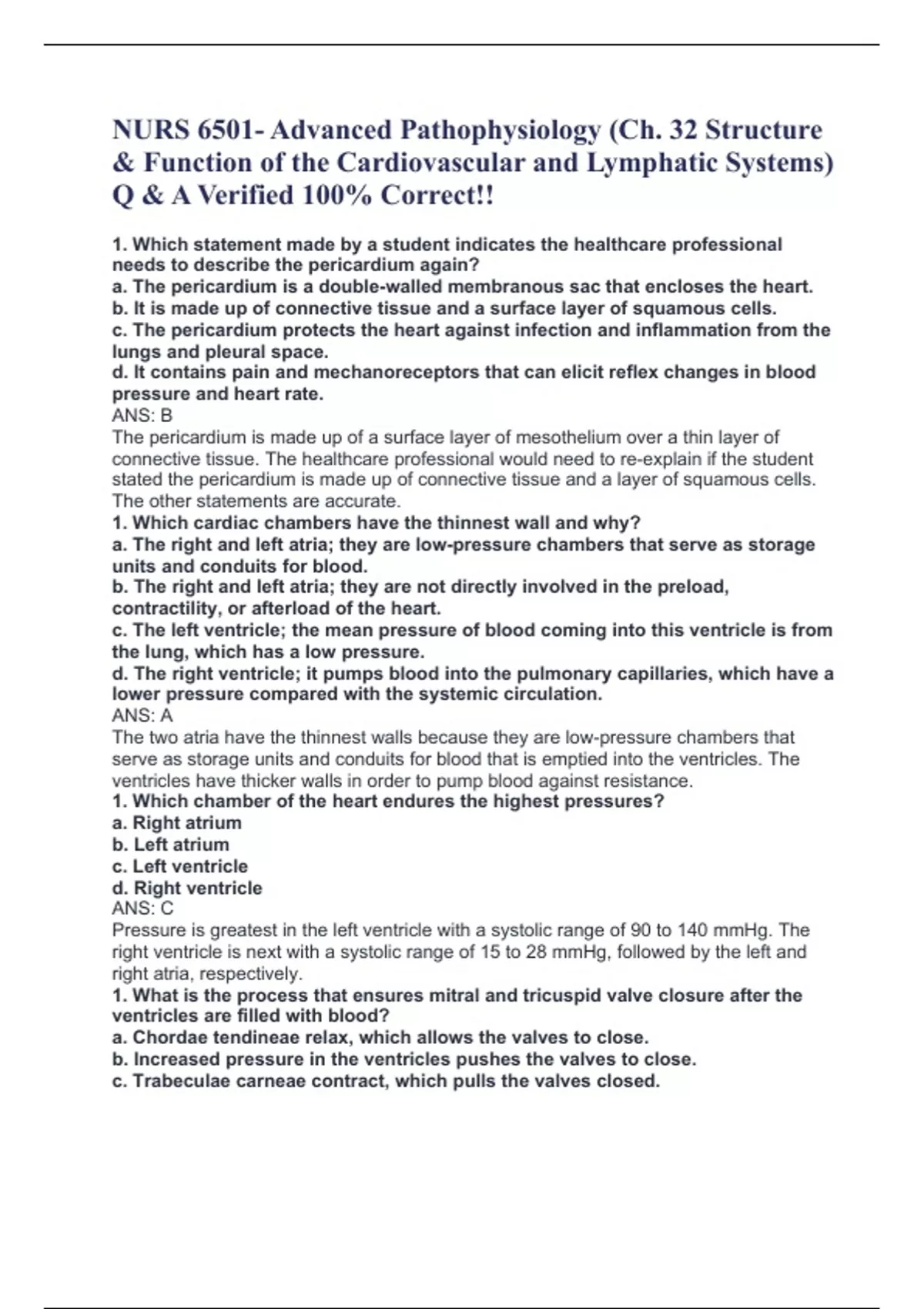 NURS 6501- Advanced Pathophysiology (Ch. 32 Structure & Function of the Cardiovascular and ...