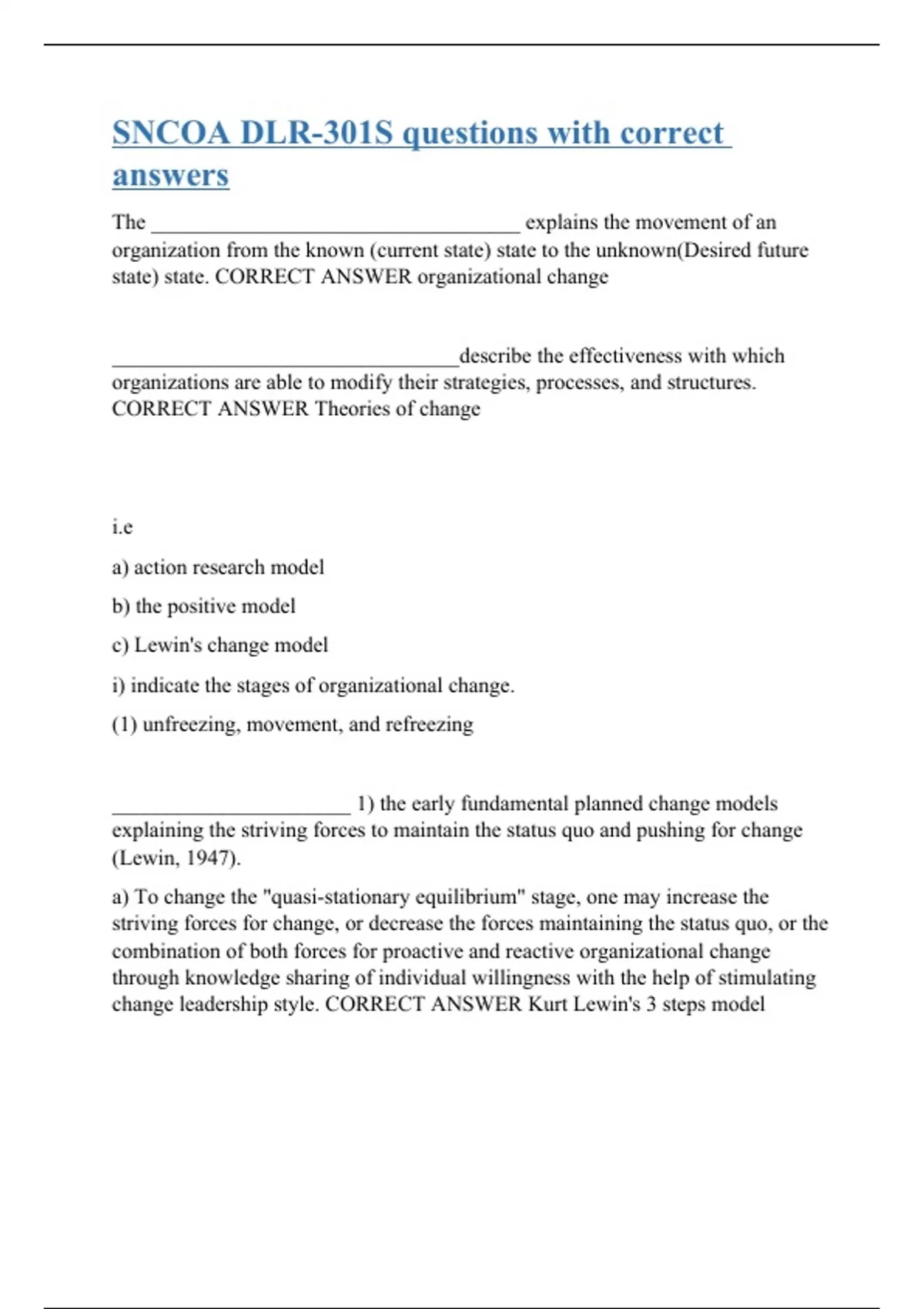 SNCOA DLR-301S questions with correct answers - SNCOA - Stuvia US